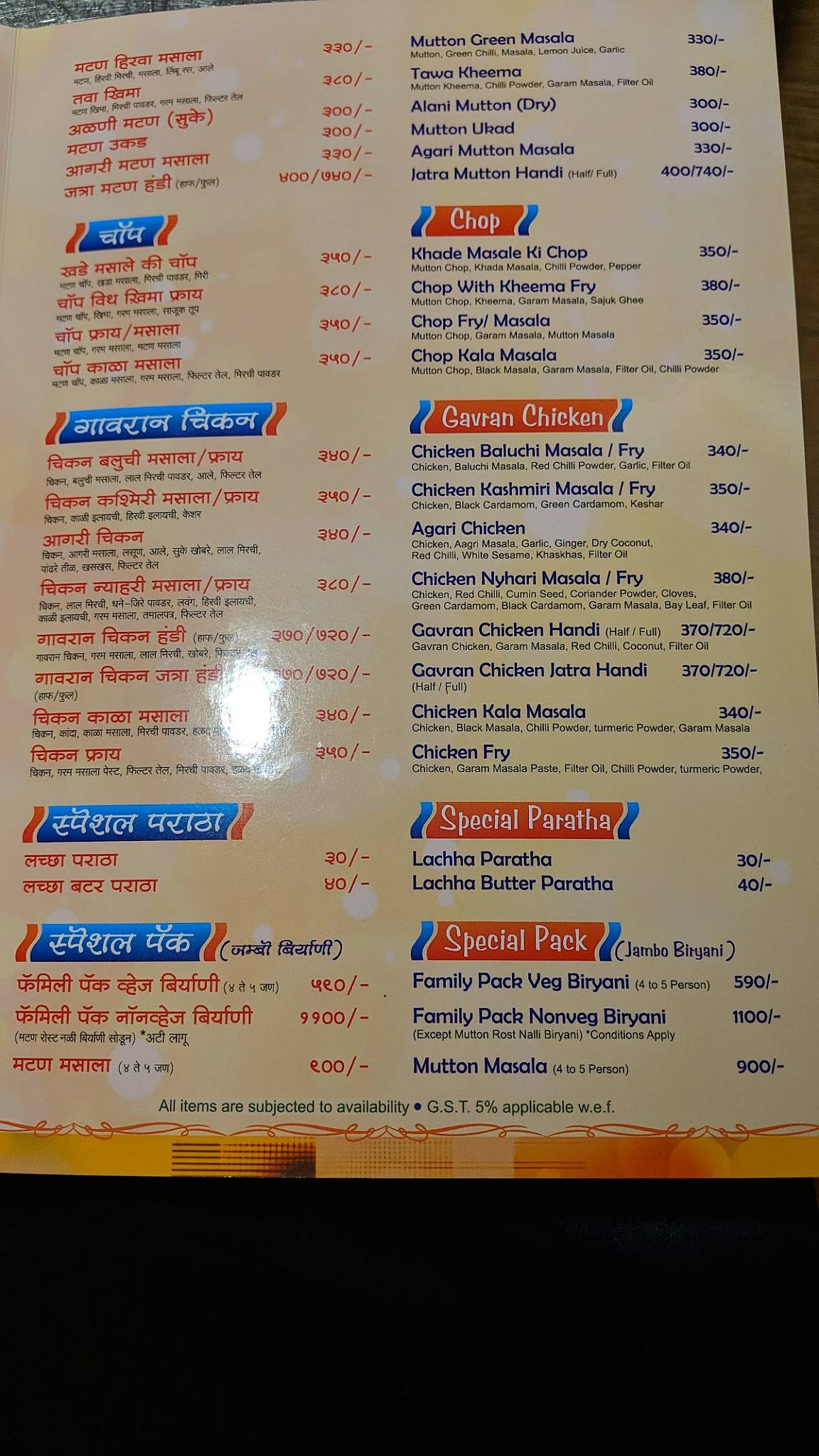 Menu at SP's Biryani House, Pune
