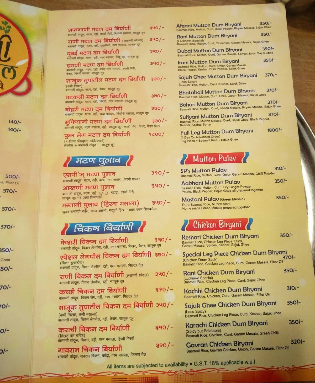 Menu at SP's Biryani House, Pune