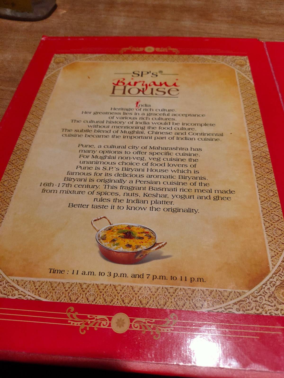 Menu at SP's Biryani House, Pune