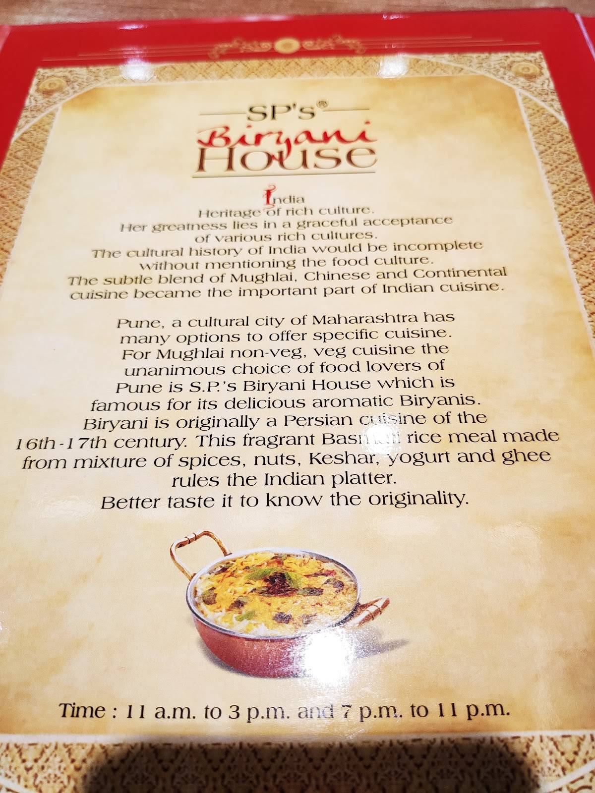 Menu at SP's Biryani House, Pune