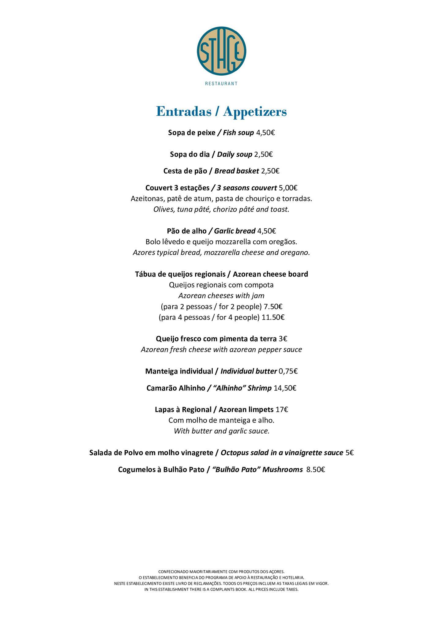 Menu at STAGE Restaurant, Ponta Delgada