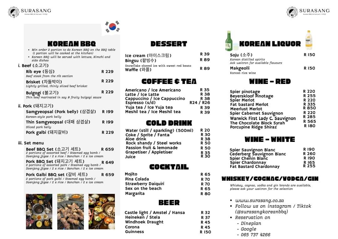 Menu at SURASANG KOREAN BBQ PARKHURST, Randburg