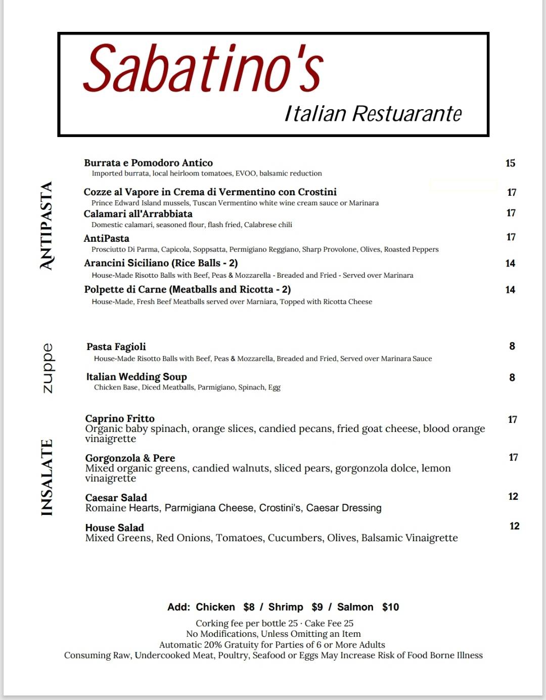 Menu at Sabatino's Italiano restaurant, Apex