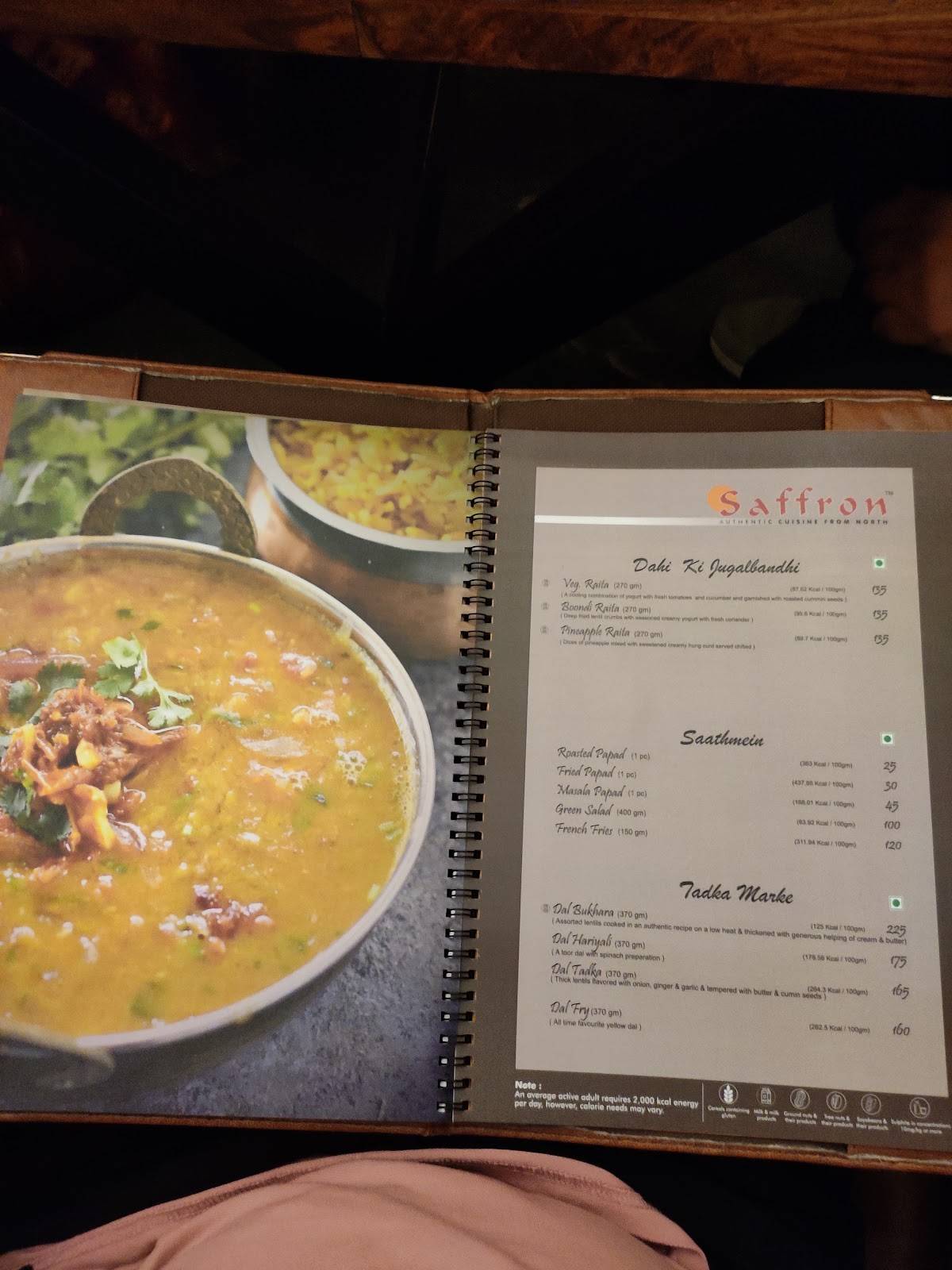 Menu at Saffron, Barmer