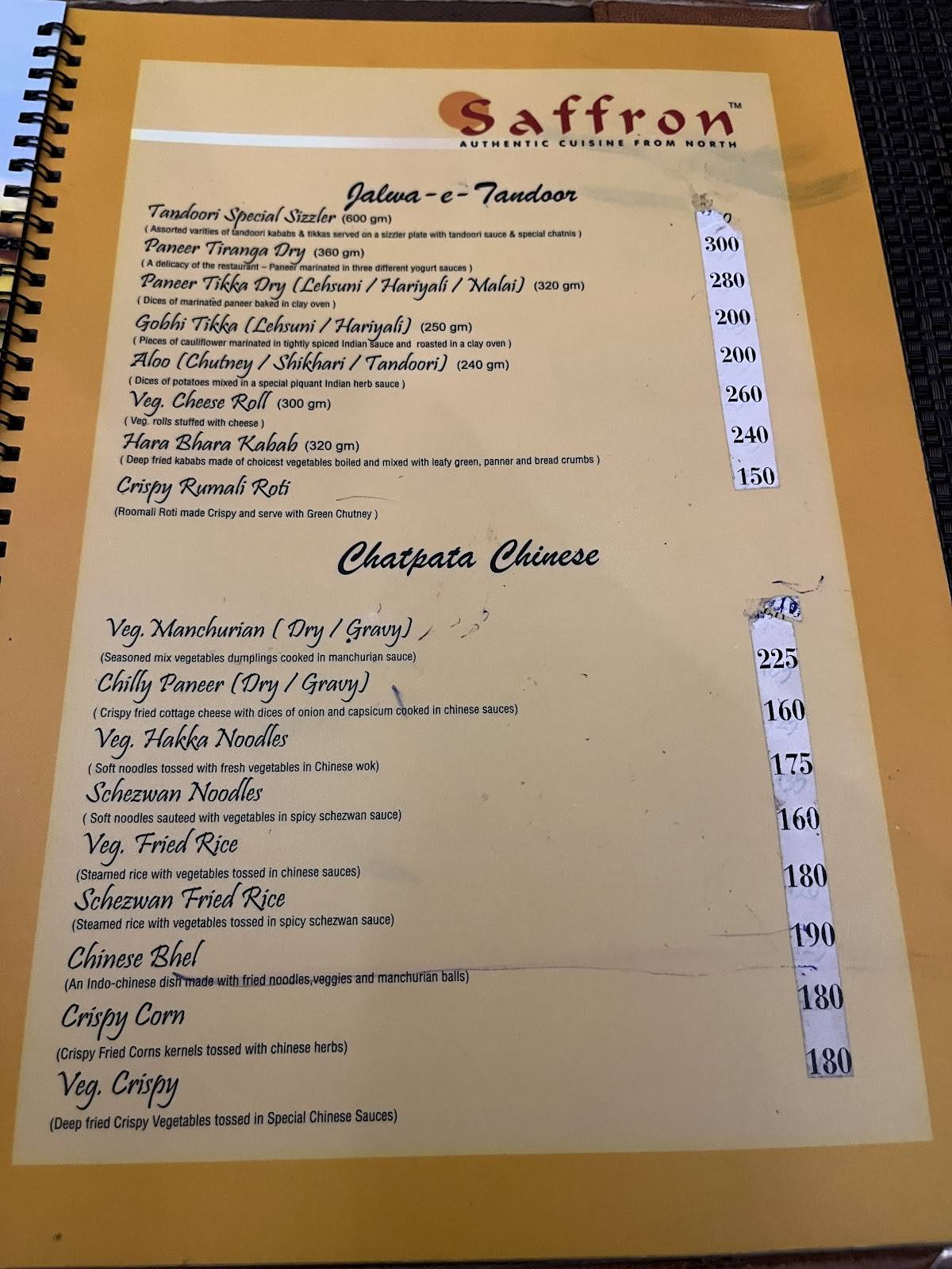 Menu at Saffron, Barmer