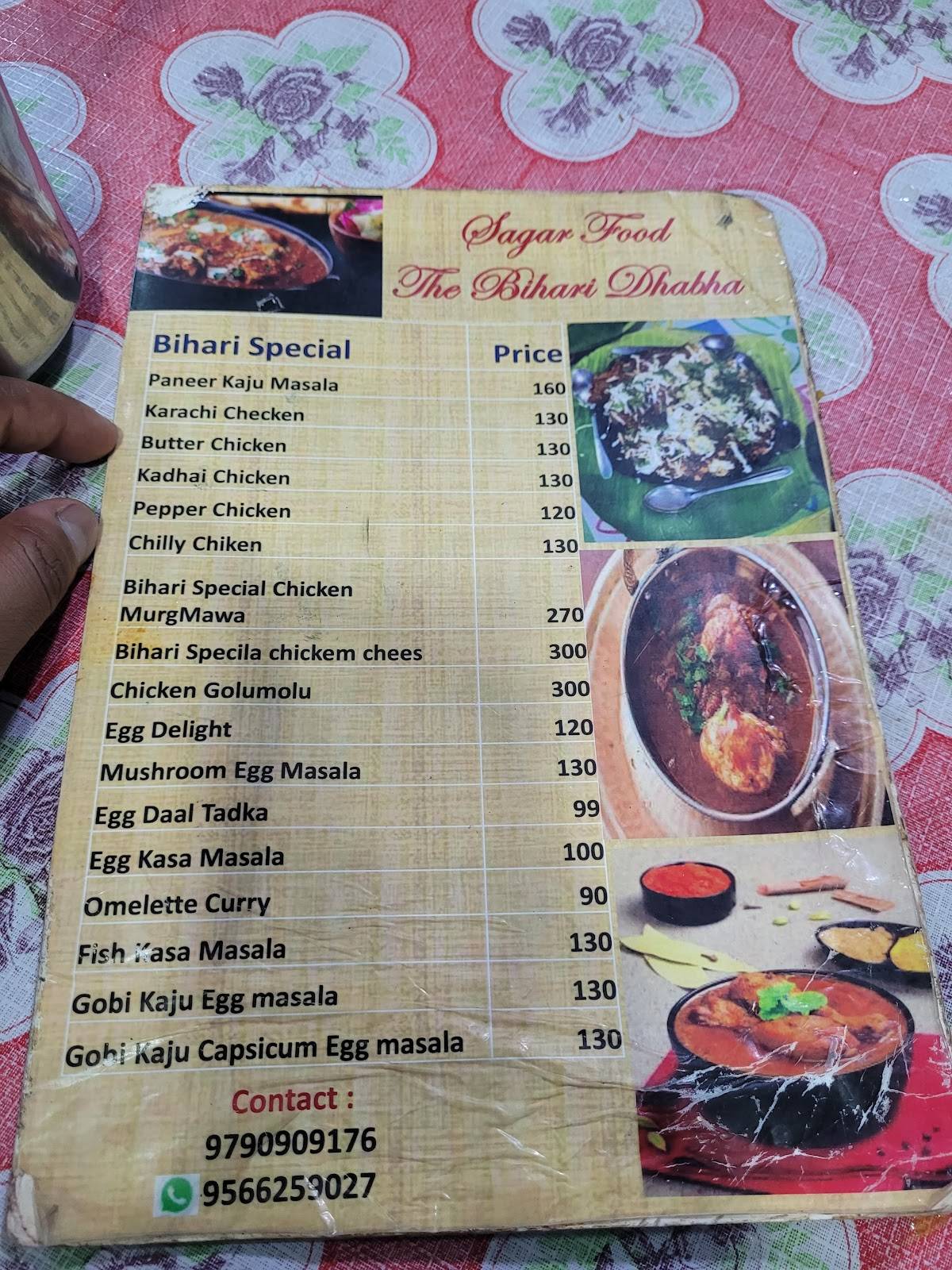 Menu at Sagar Foods, The Bihari Dhaba, Chennai