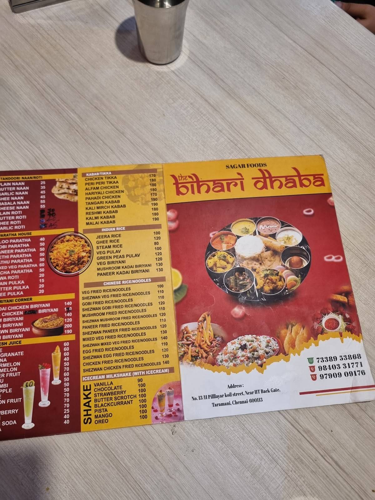 Menu at Sagar Foods, The Bihari Dhaba, Chennai