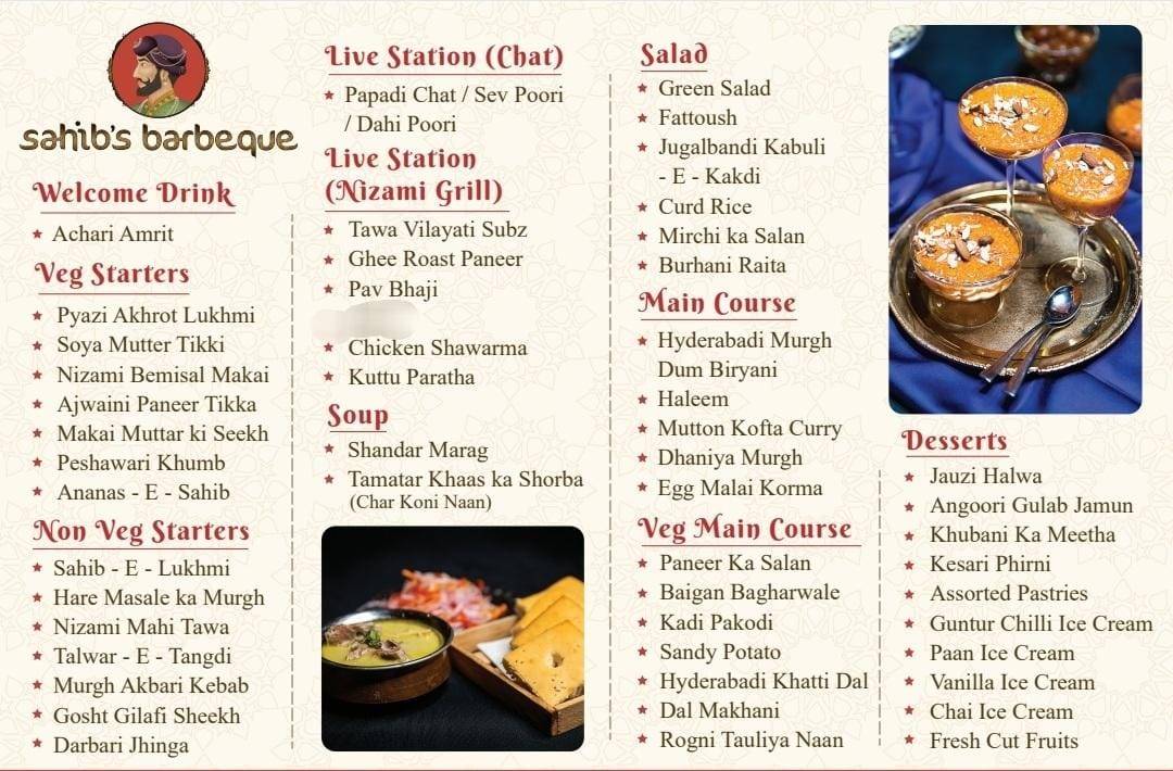 Menu at Sahib Barbeque, Hyderabad, CYBER PEARL