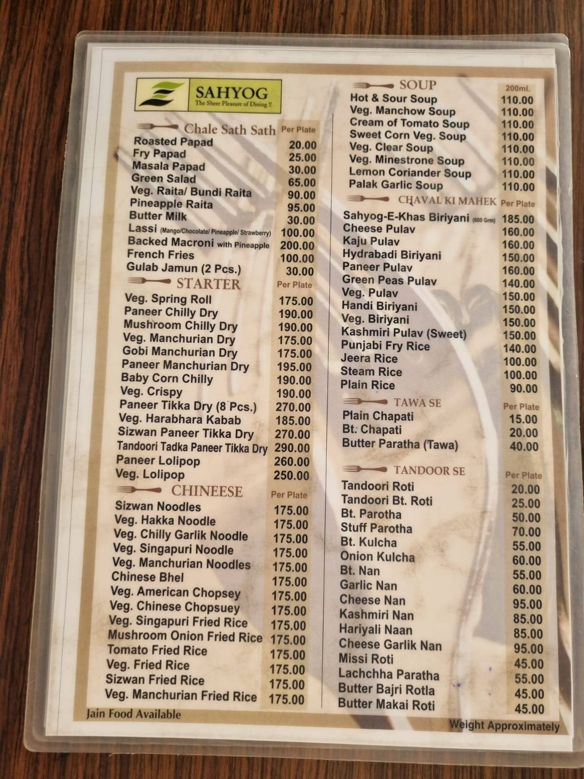Menu at Sahyog Restaurant, Anand, Amul Dairy Rd