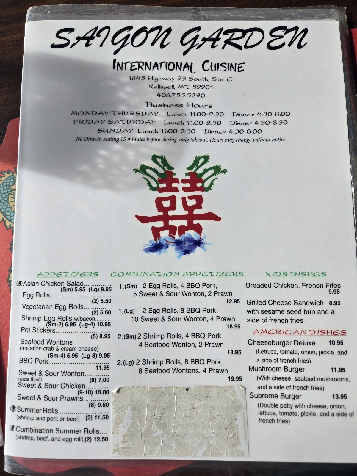 Menu at Saigon Garden (by Charlie Wongs) restaurant, Kalispell