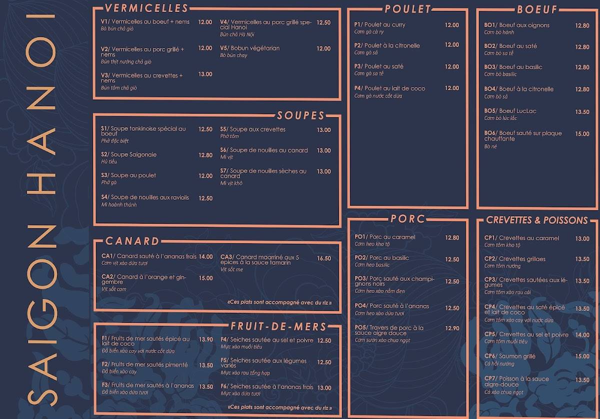 Menu at Saigon Hanoi restaurant, Paris, 168 Bis Rue de Charonne