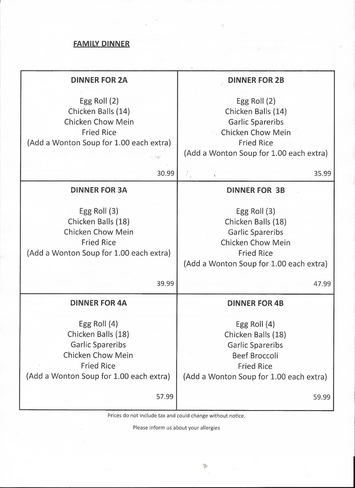 Menu at Saigon House restaurant, Moncton