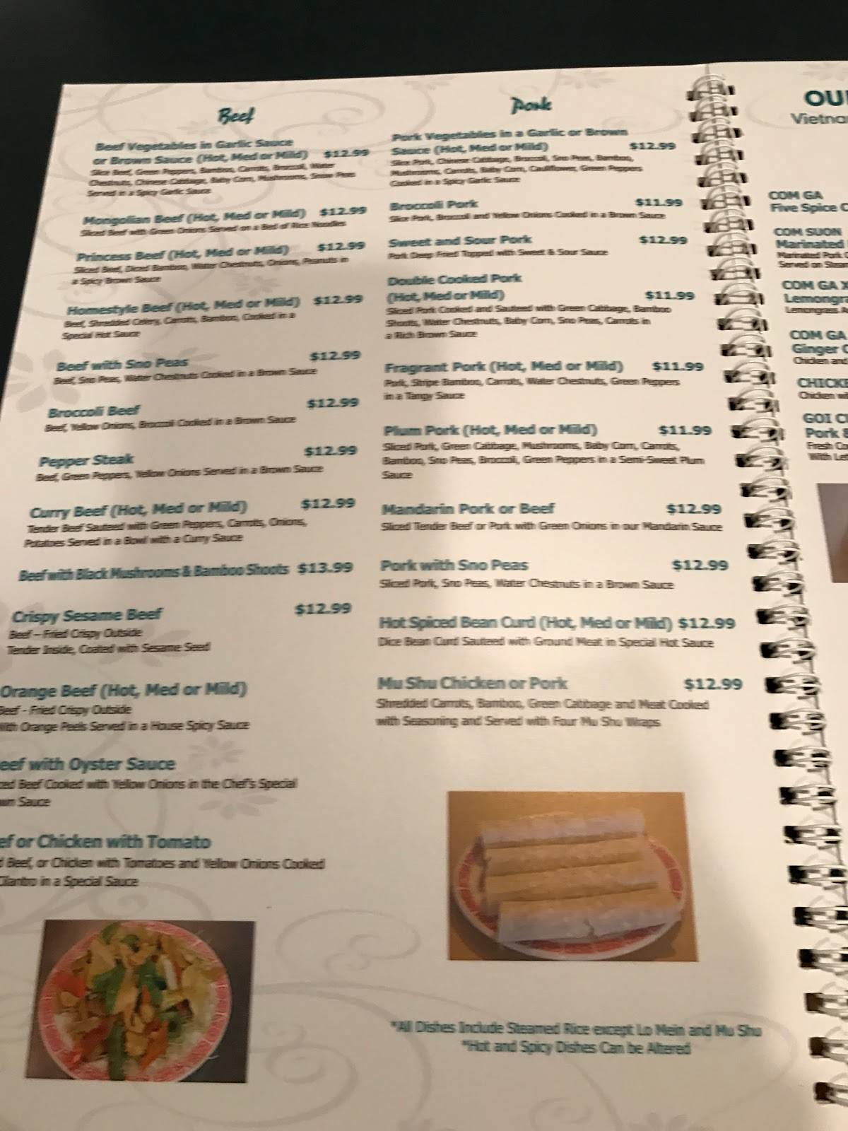 Menu at Saigon restaurant, Rapid City