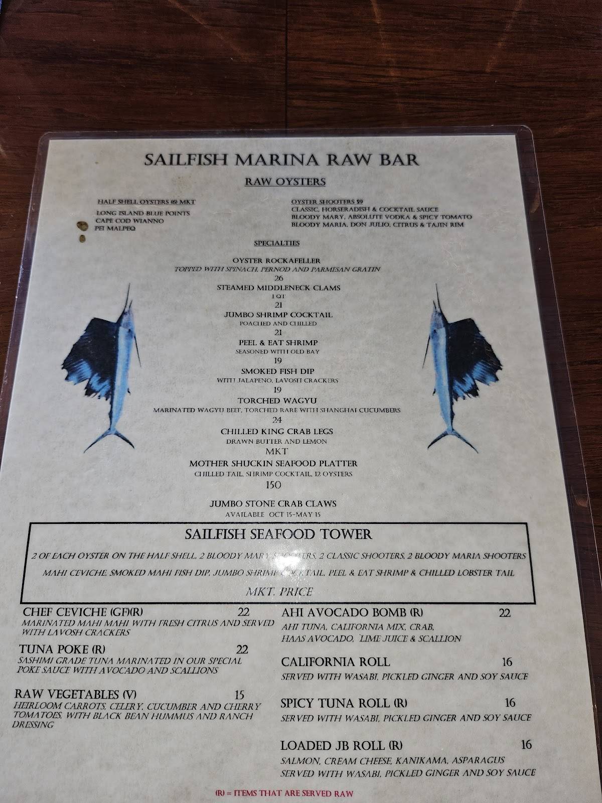 Menu at Sailfish Marina Resort restaurant, Palm Beach Shores