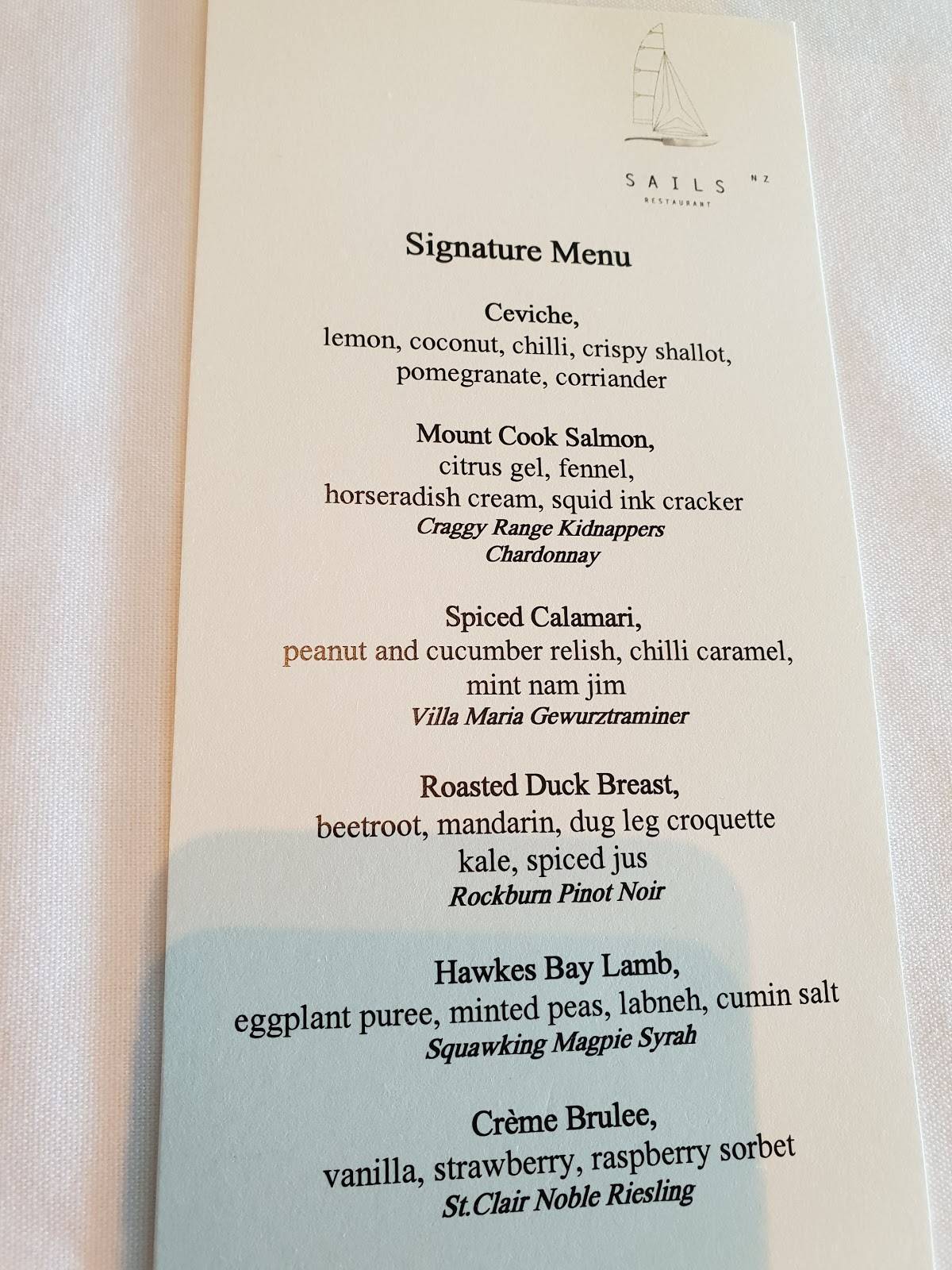 Menu at Sails Restaurant, Auckland