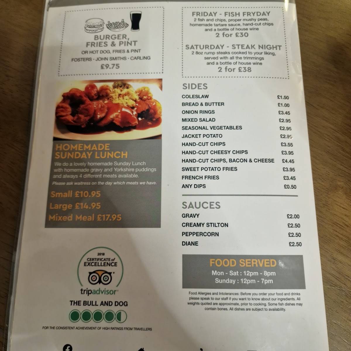 Menu at Bull & Dog pub & bar, St Helens