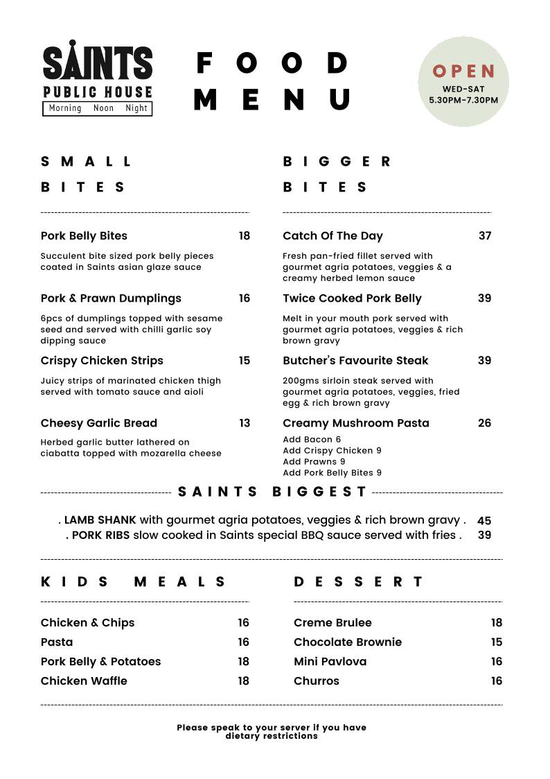 Menu at Saints Public House, Te Kowhai
