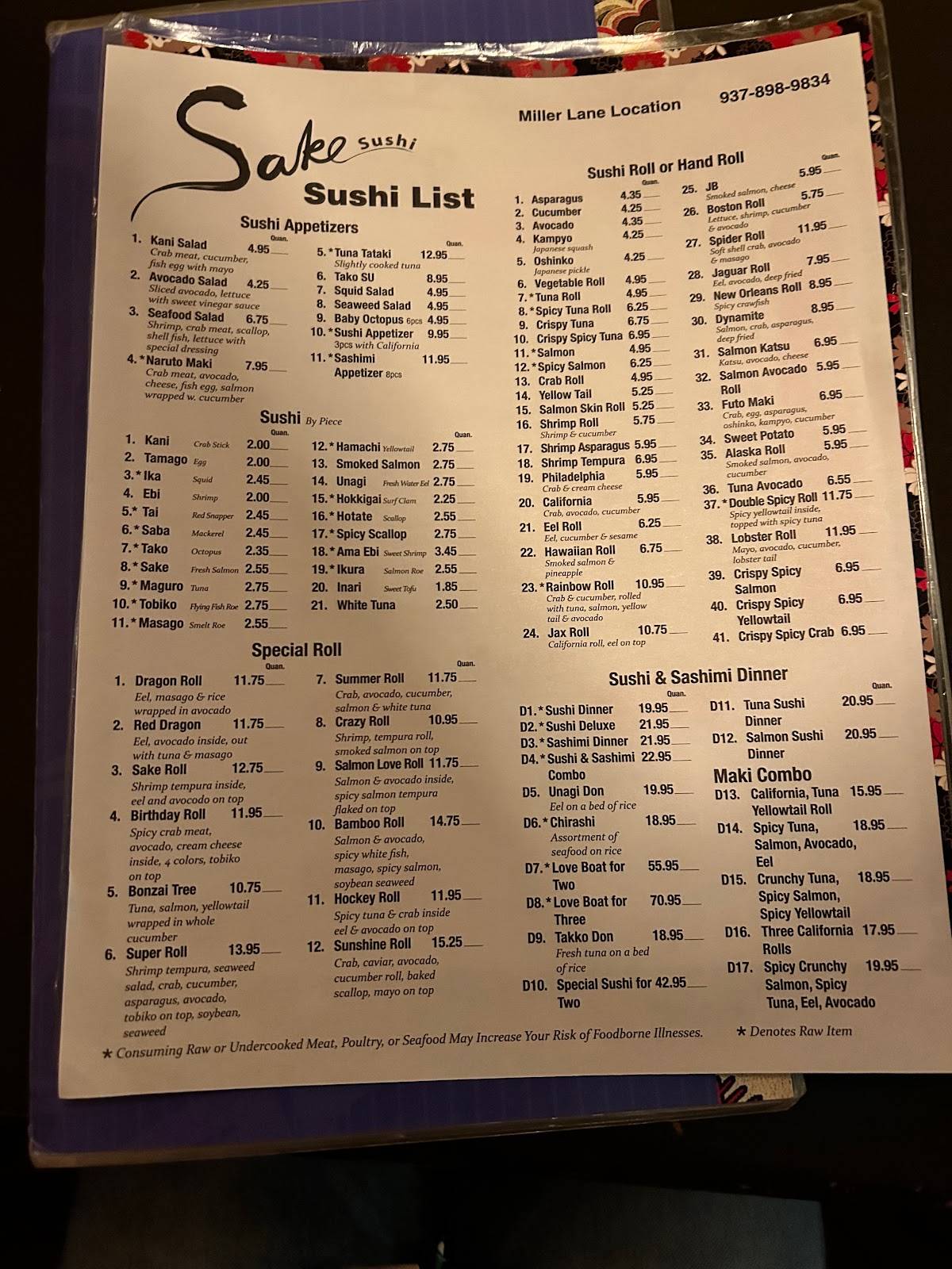 Menu at Sake Japanese Steak House & Sushi Bar., Dayton, Miller Ln