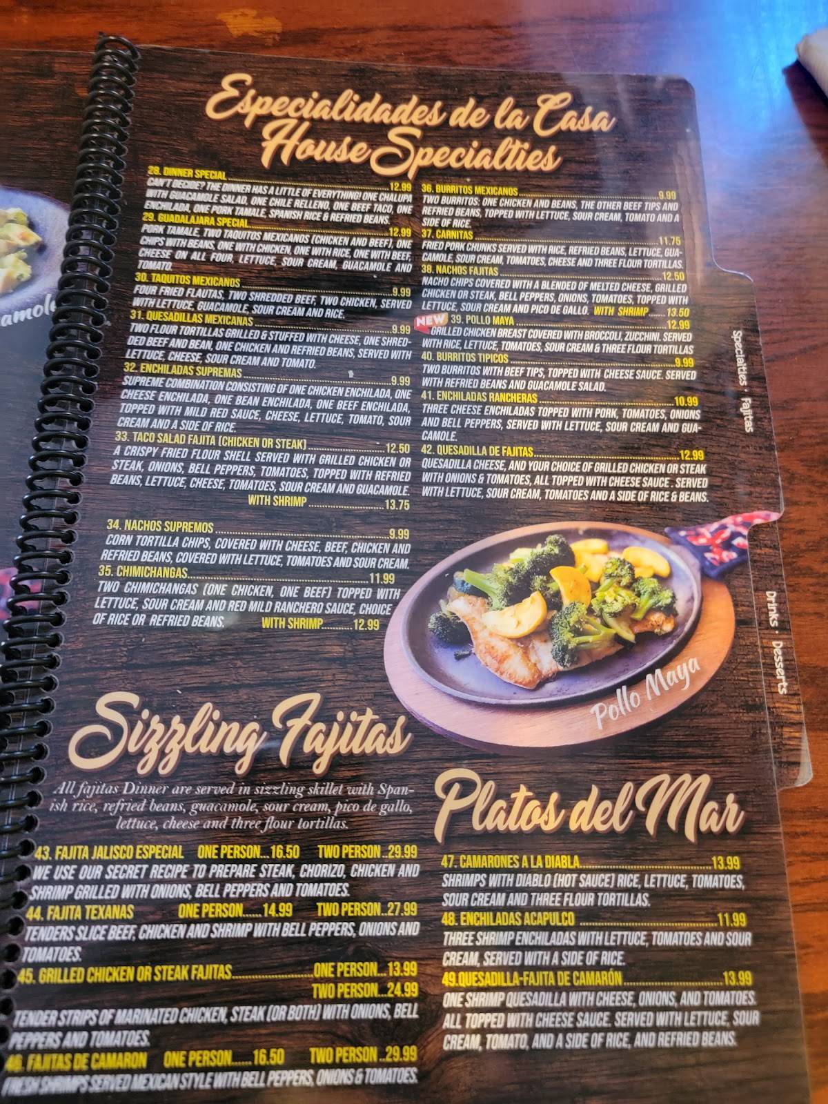 Menu at Jalisco's restaurant, Salem
