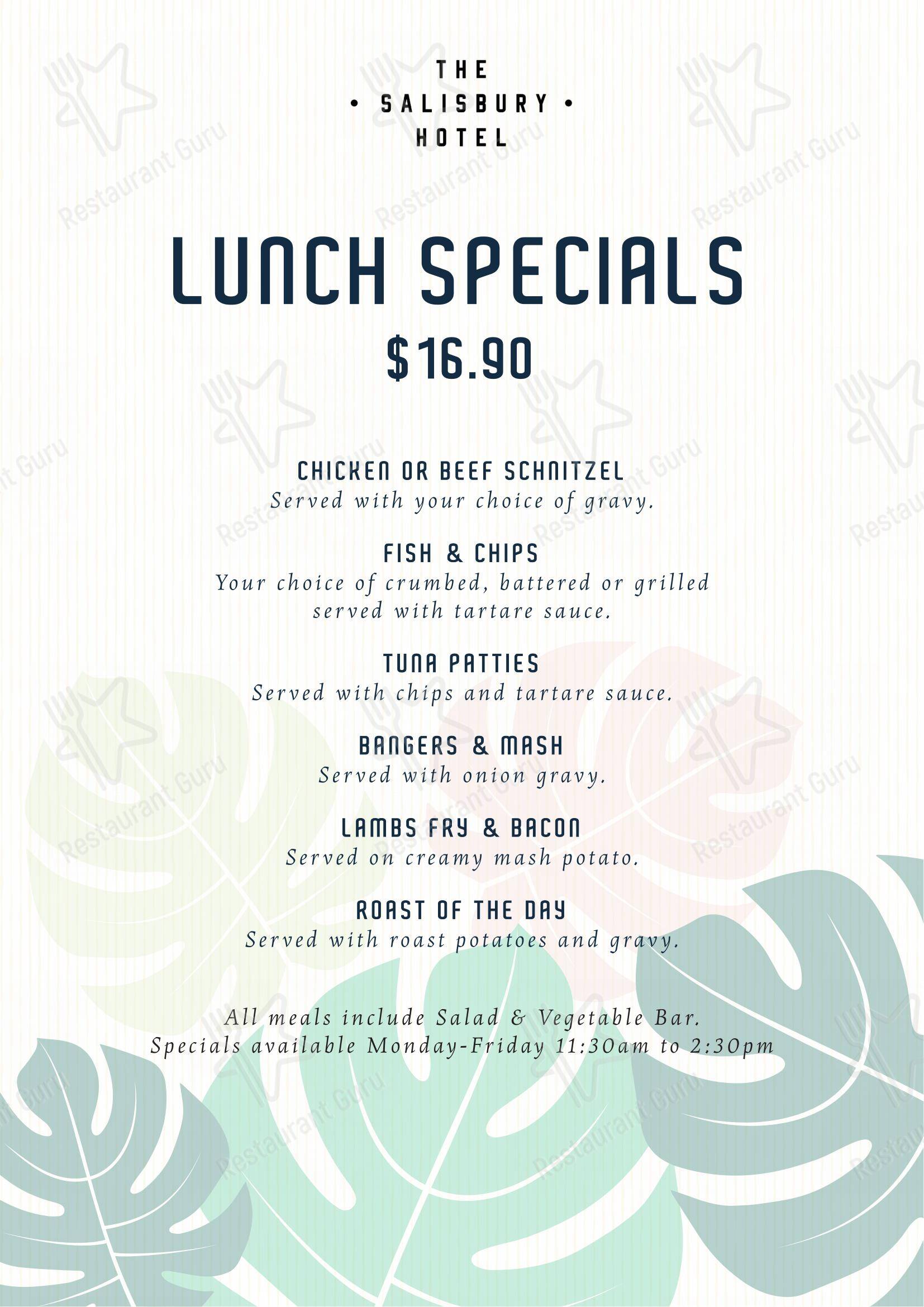 Menu at Salisbury Hotel restaurant, Salisbury, 52 Commercial Rd