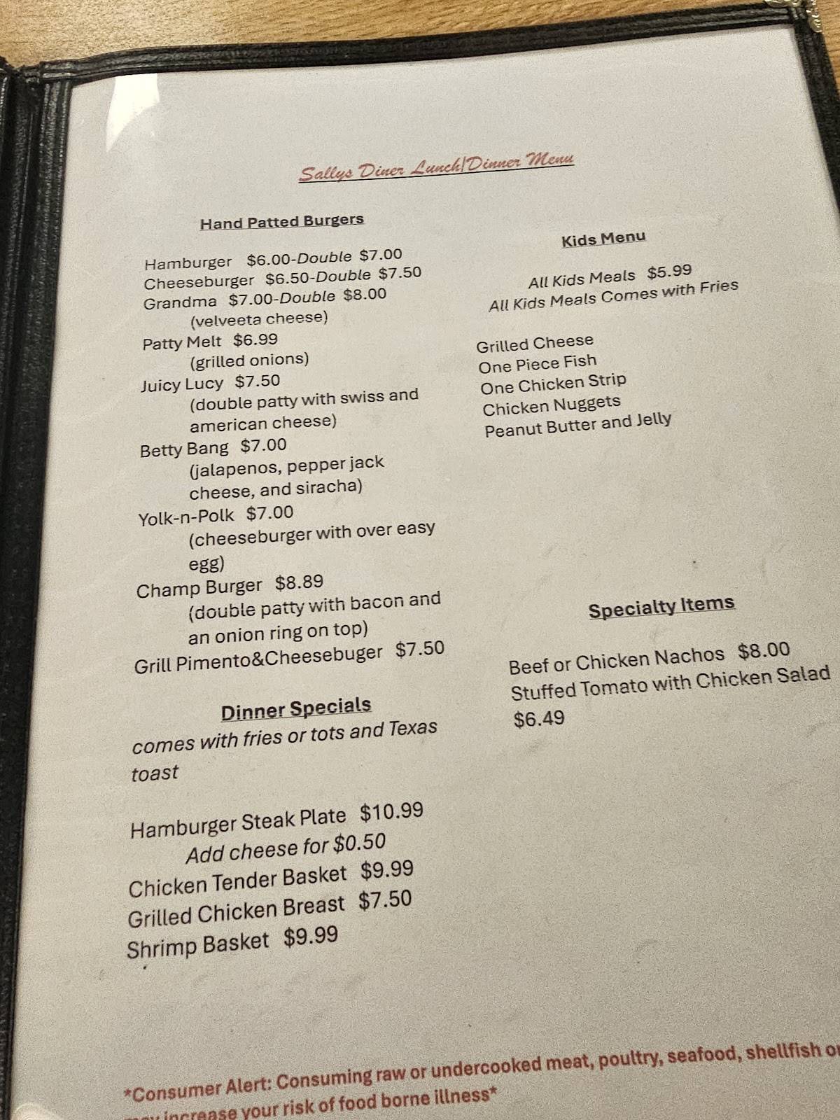Menu at Sally’s Diner restaurant, Trenton