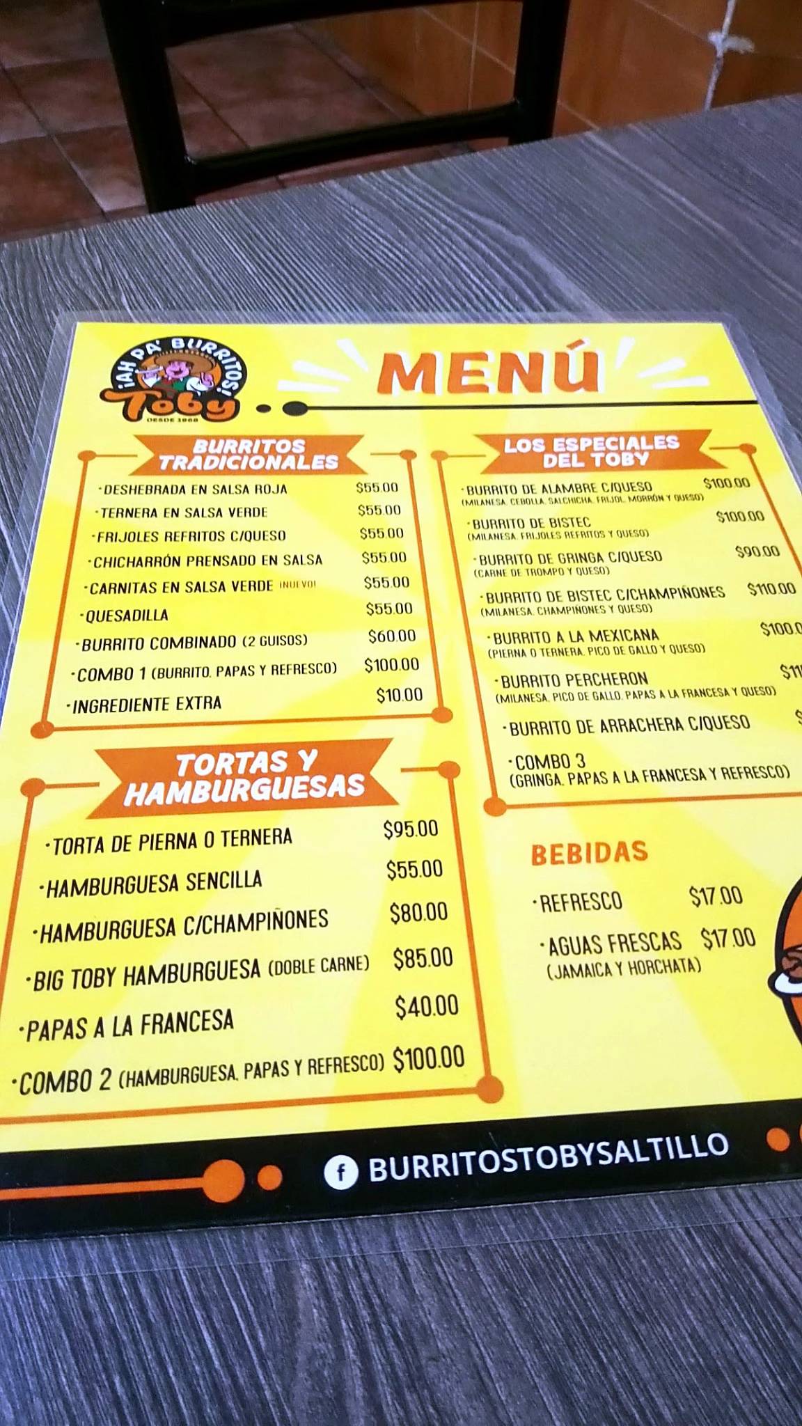 Carta del restaurante Burritos Toby, Saltillo, Calle Ignacio Allende 228