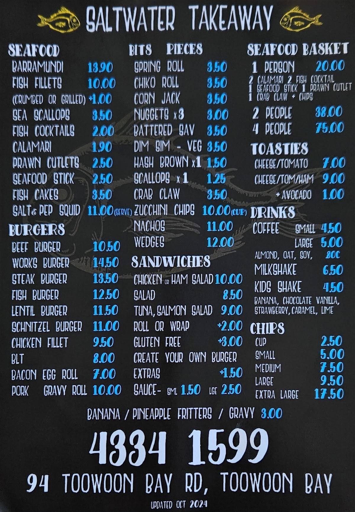 Menu at Saltwater Takeaway Toowoon Bay fast food, Toowoon Bay
