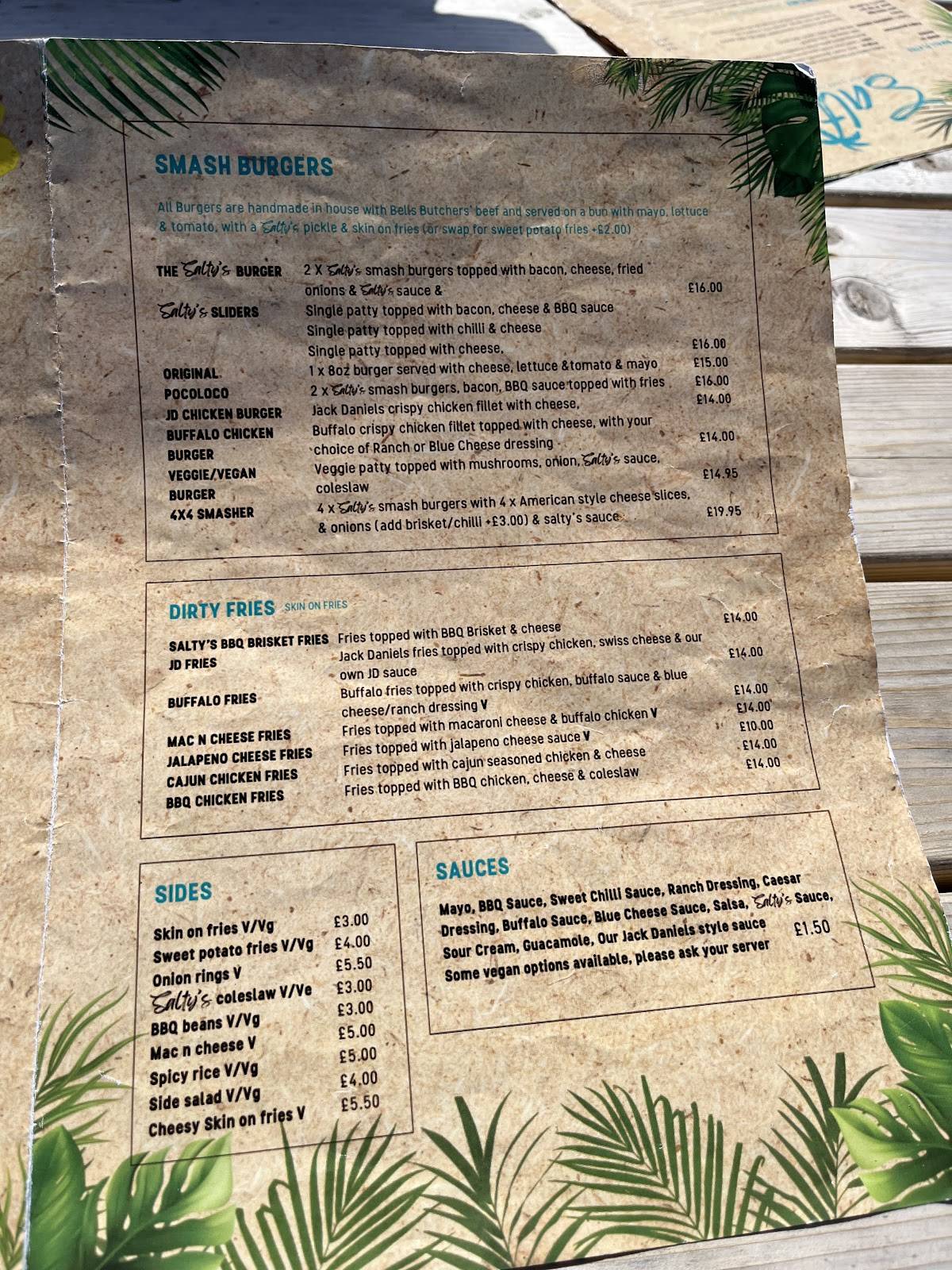 Menu at Salty's restaurant, Montrose