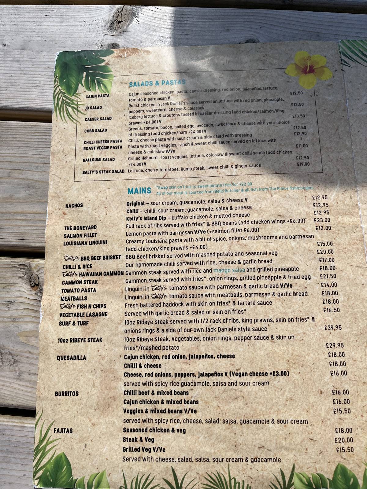 Menu at Salty's restaurant, Montrose