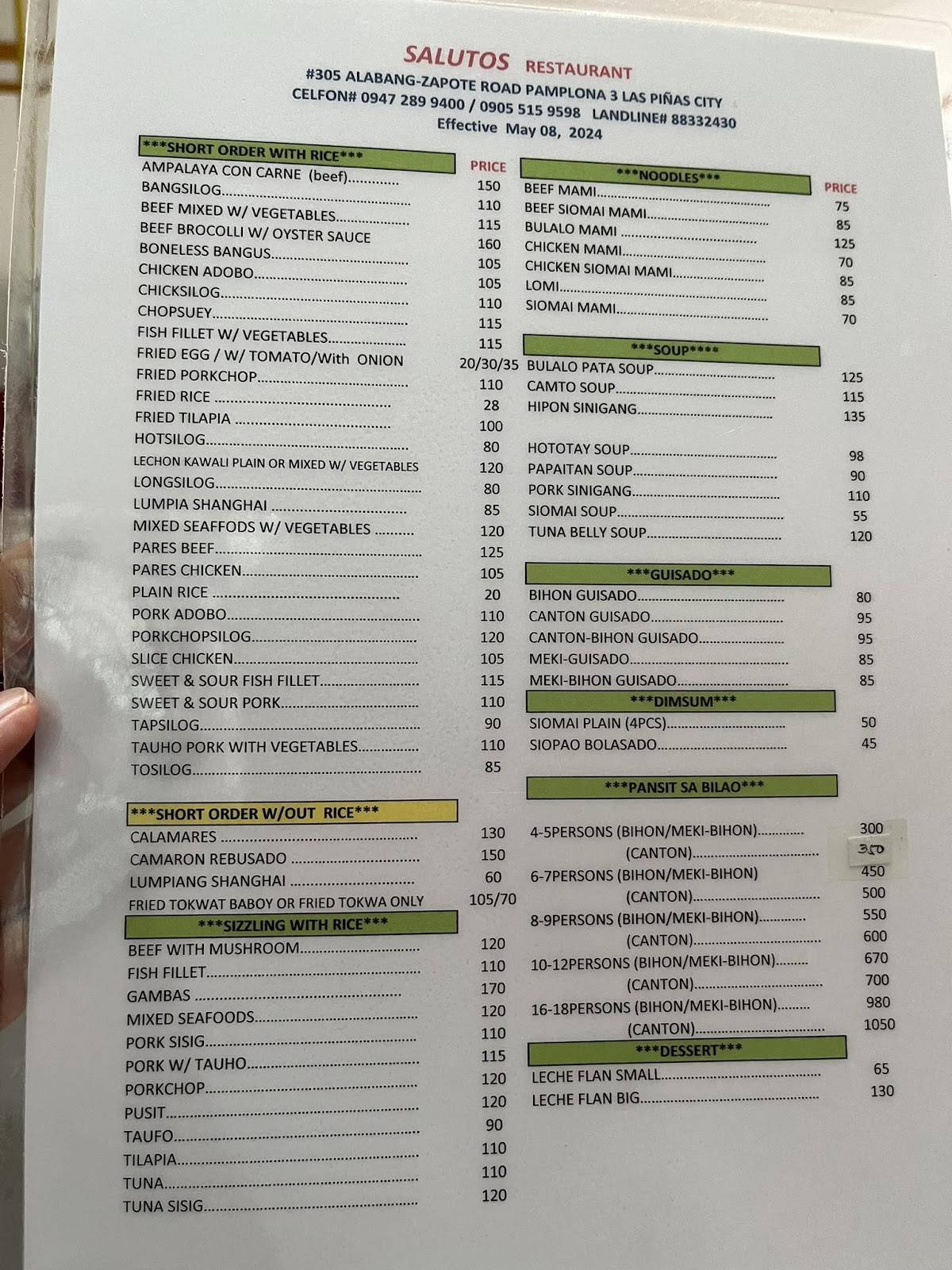 Menu at Salutos Restaurant (PARES Sa NAIA Avenue - Las Pinas), Las ...