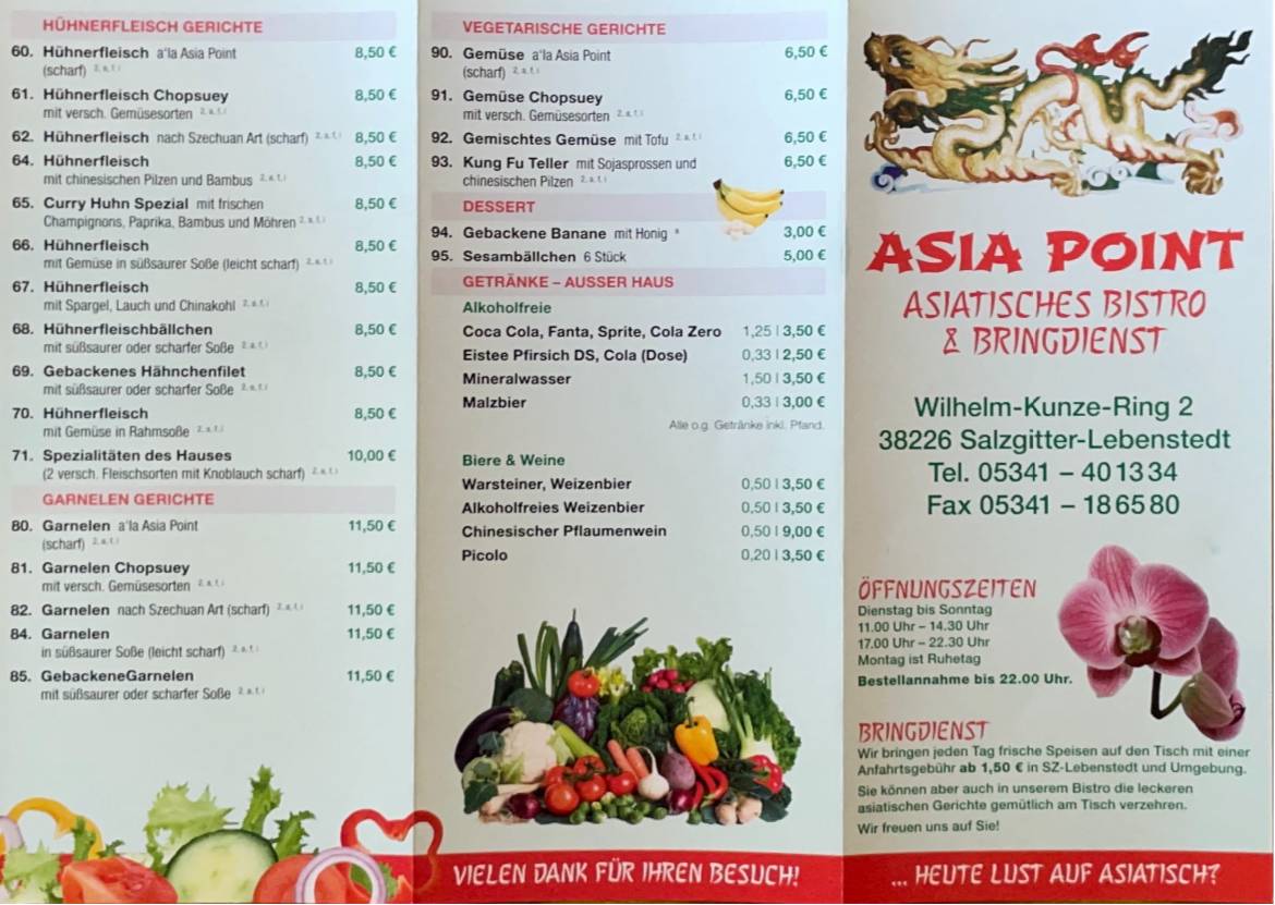Menu at Asia Point restaurant, Salzgitter, Wilhelm-Kunze-Ring 2