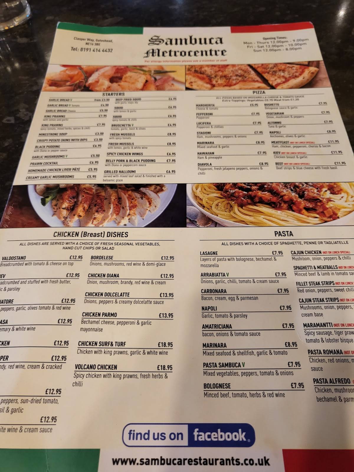 Menu at Sambuca Metrocentre restaurant, Newcastle upon Tyne, A695