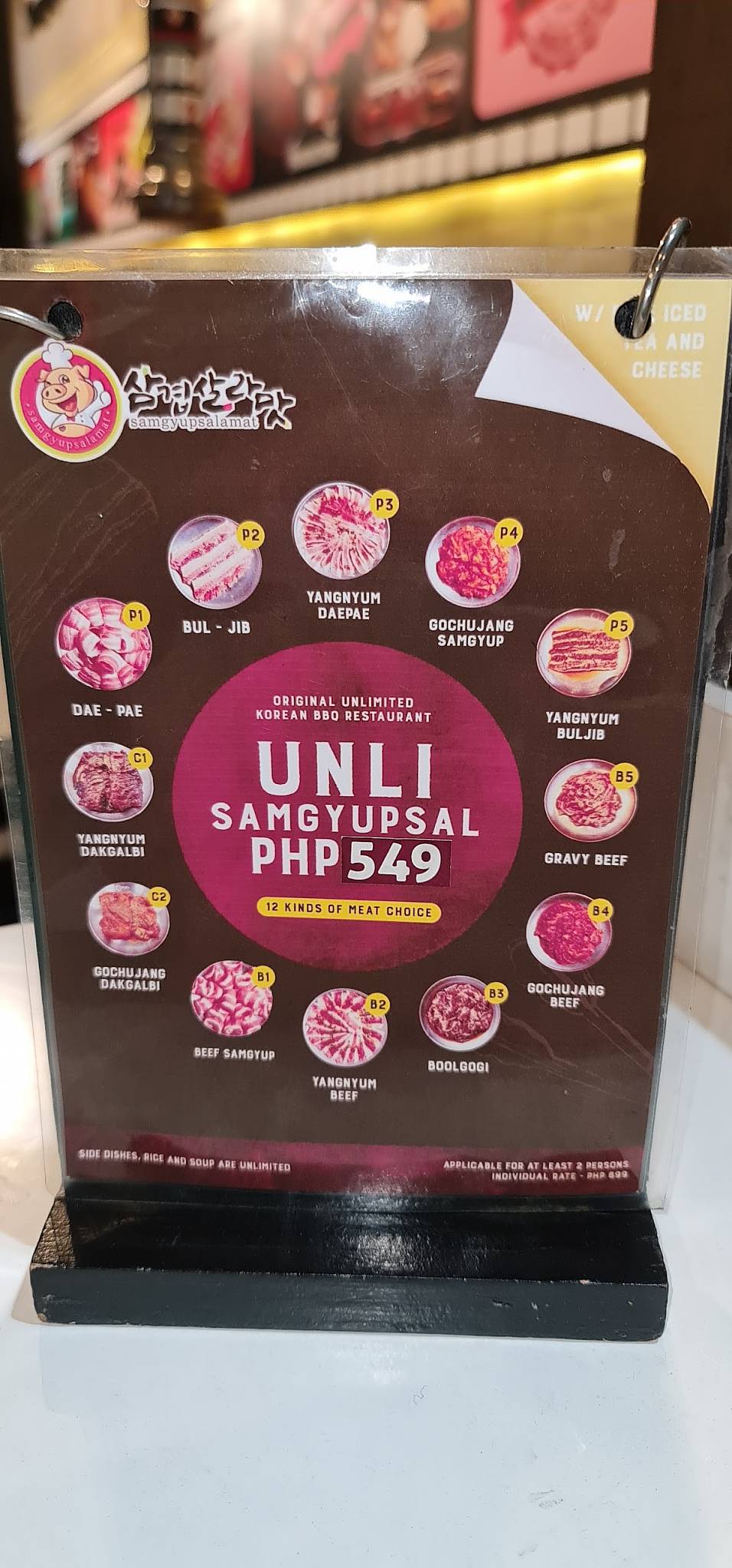 Menu at Samgyupsalamat San Juan restaurant, San Juan