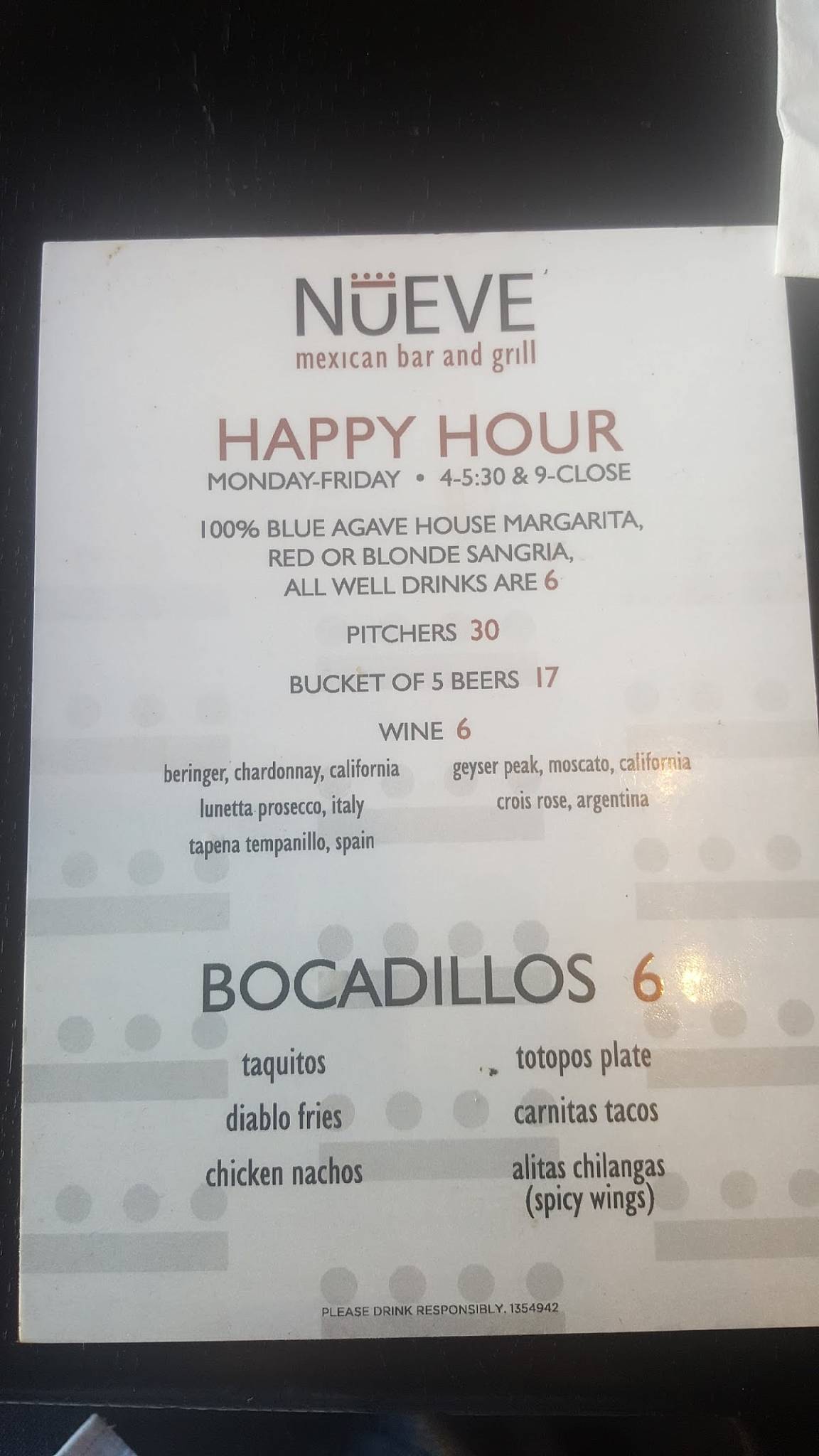 Menu at Nueve pub & bar, San Bruno, 851 Cherry Ave