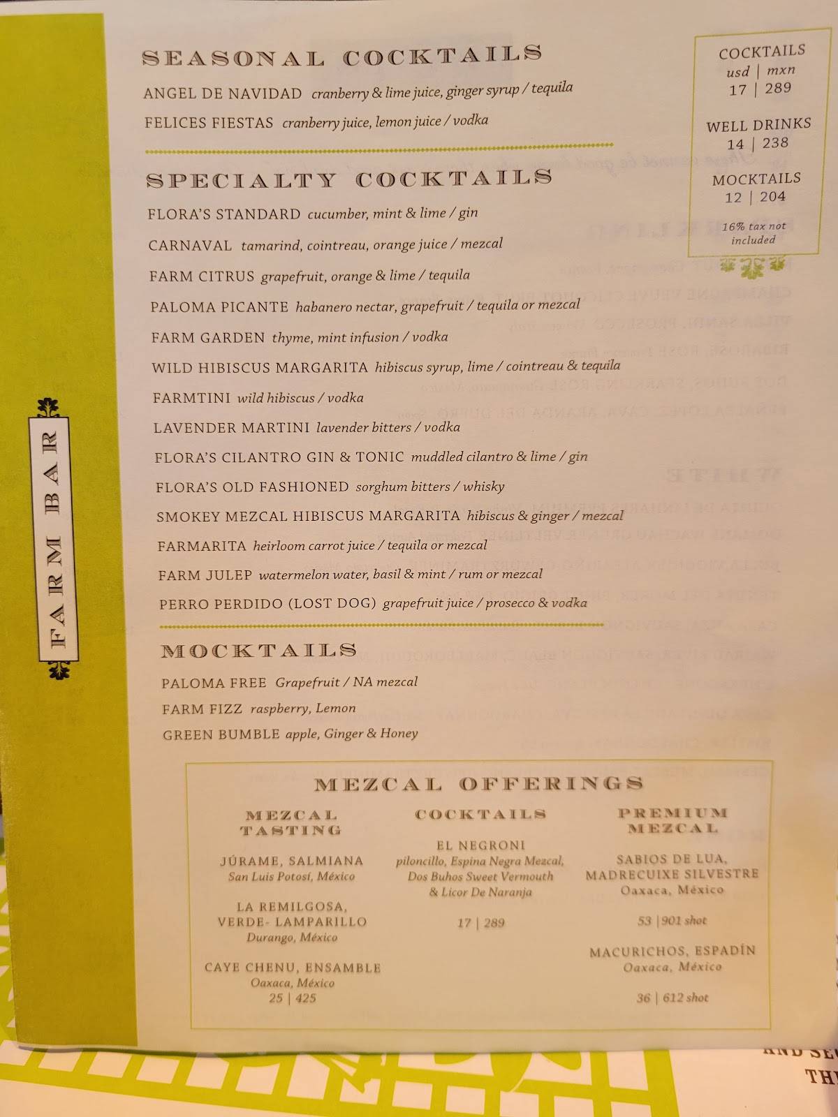 Menu at Flora Farms pub & bar, San José del Cabo, Carretera ...