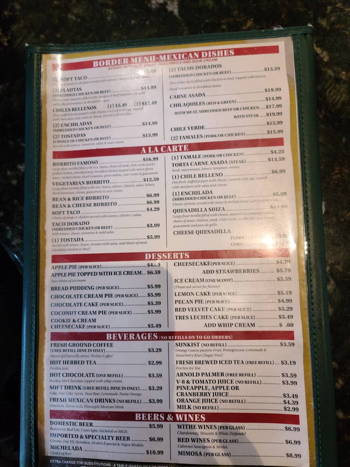 Menu at Manor Grill restaurant, San Leandro