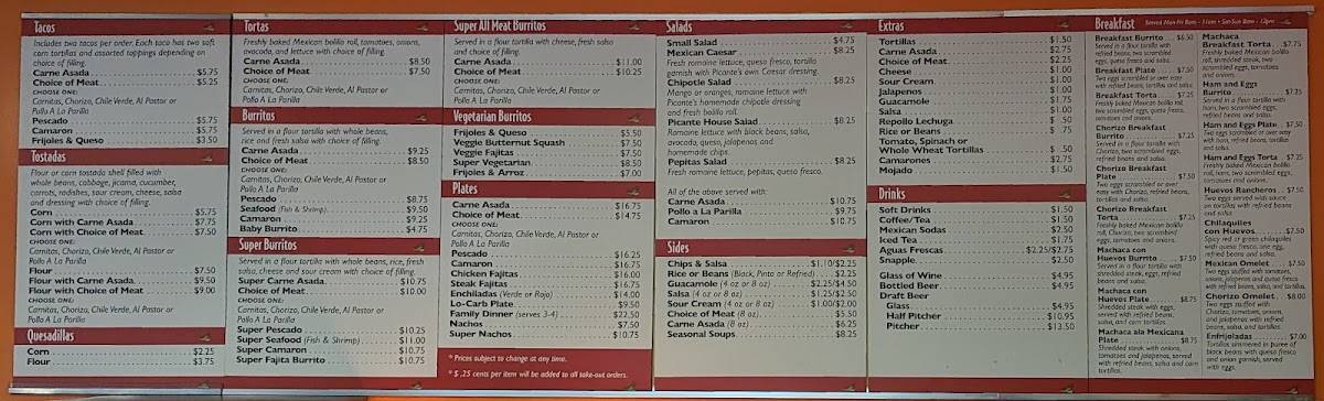 Menu at Picante restaurant, San Rafael