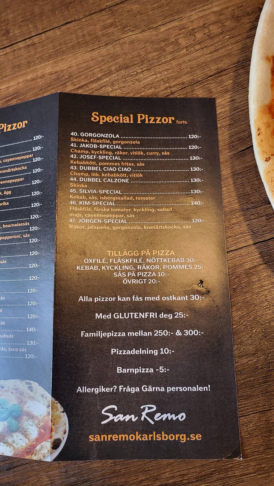 Menu at San Remo Pizzeria, Karlsborg