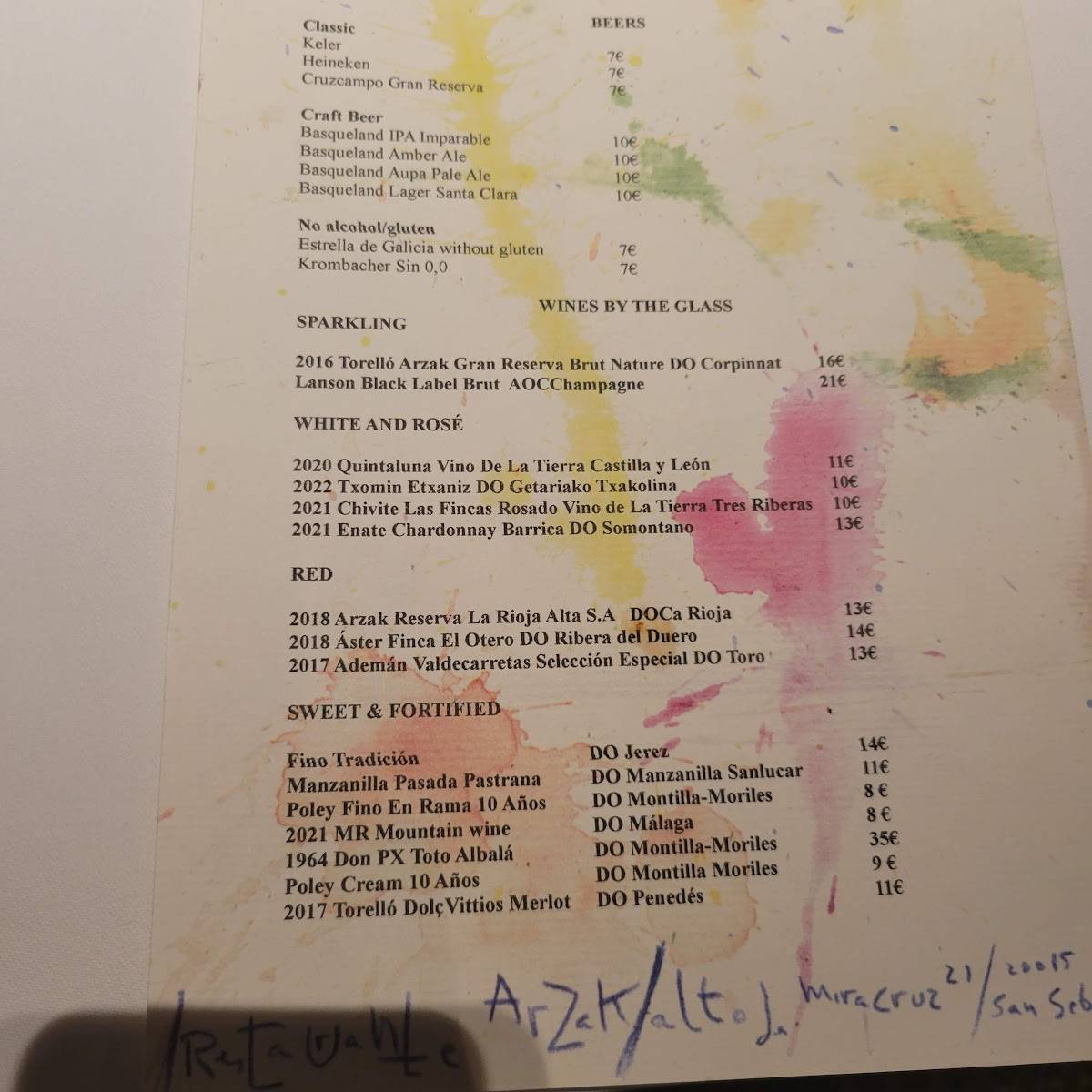 Menu at Arzak restaurant, San Sebastián, Alcalde J. Elosegi Hiribidea
