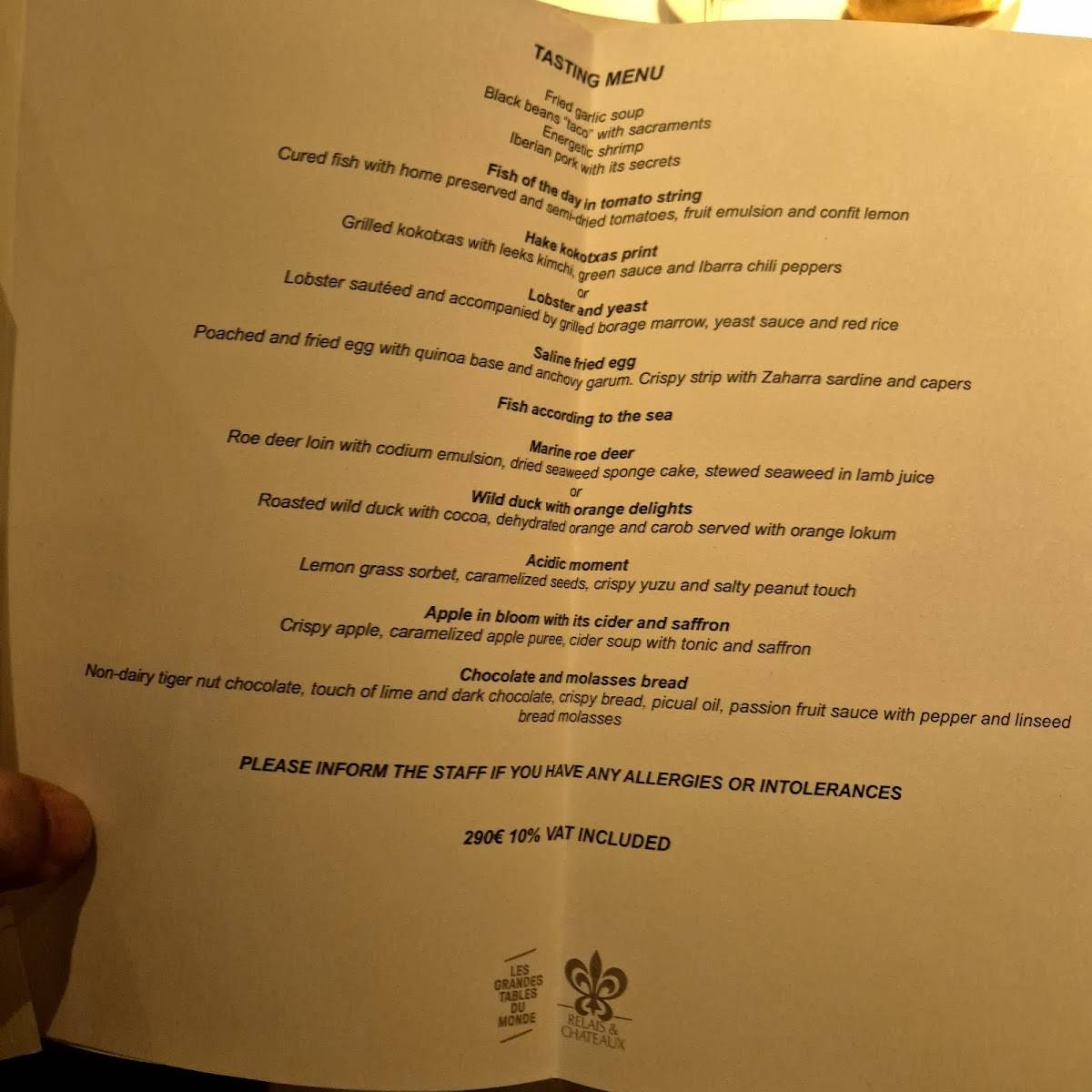 Menu at Arzak restaurant, San Sebastián, Alcalde J. Elosegi Hiribidea