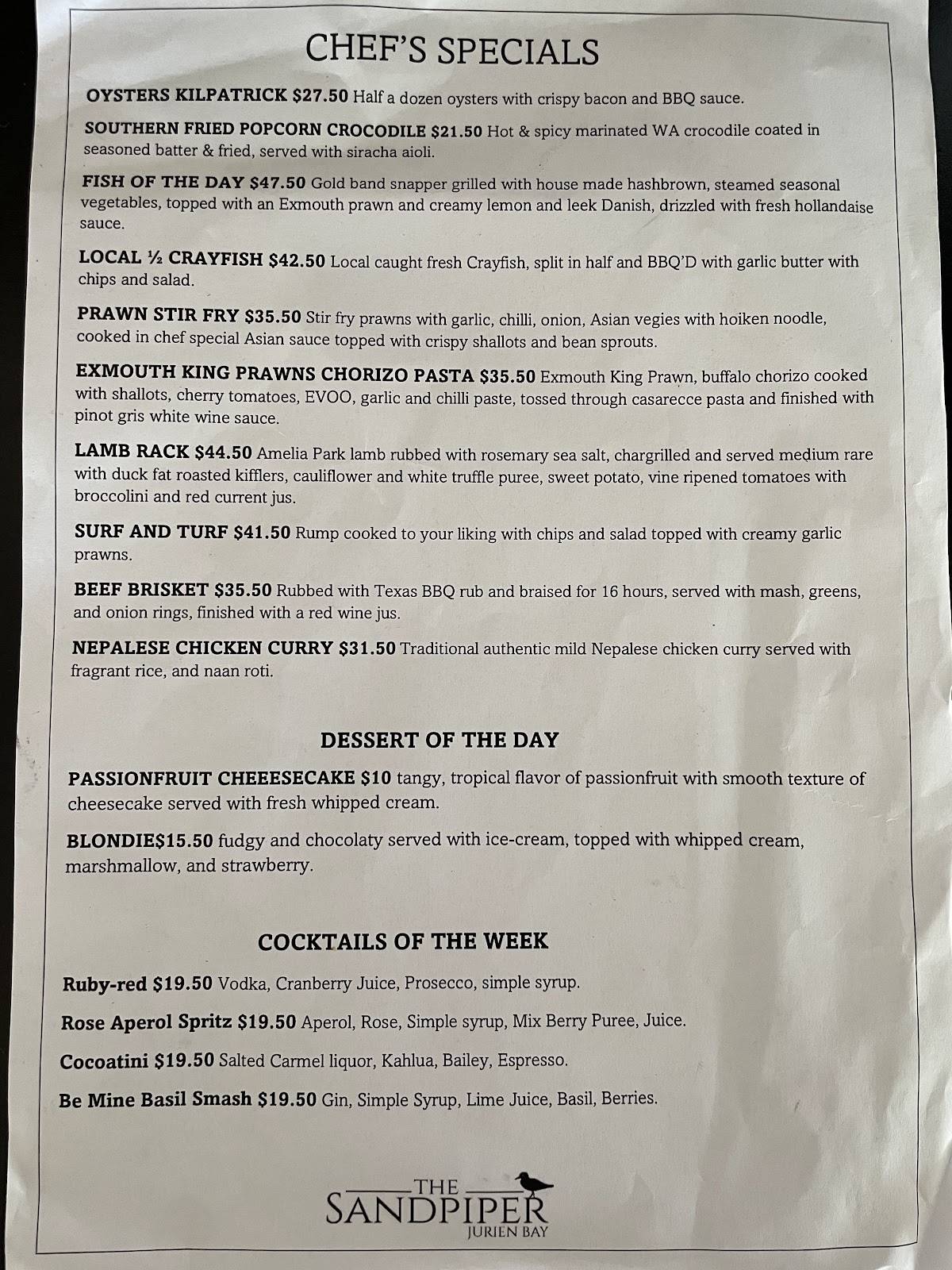 Menu at Sandpiper Tavern & Pizzeria, Jurien Bay