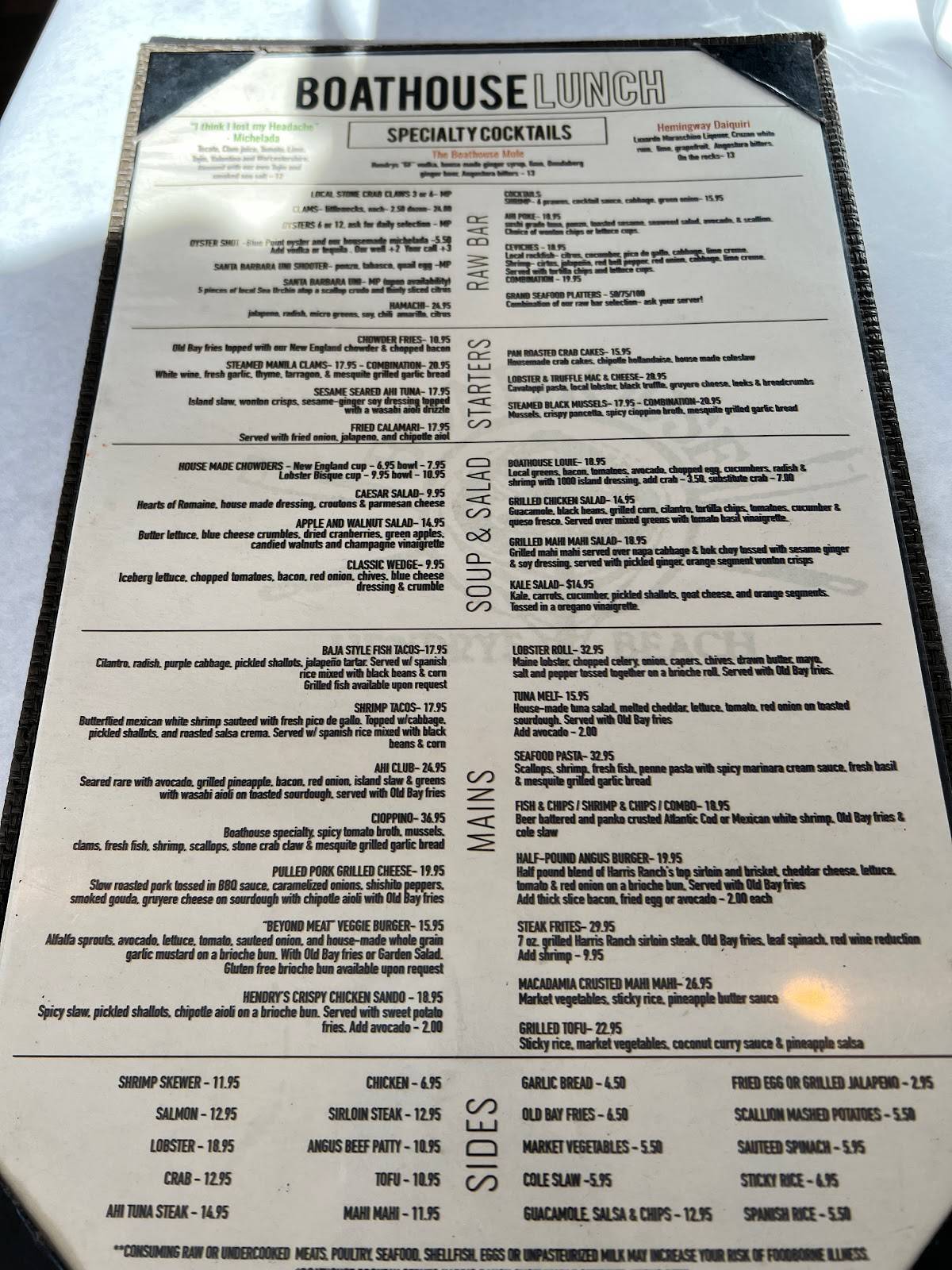 Menu at Boathouse at Hendry's Beach restaurant, Santa Barbara