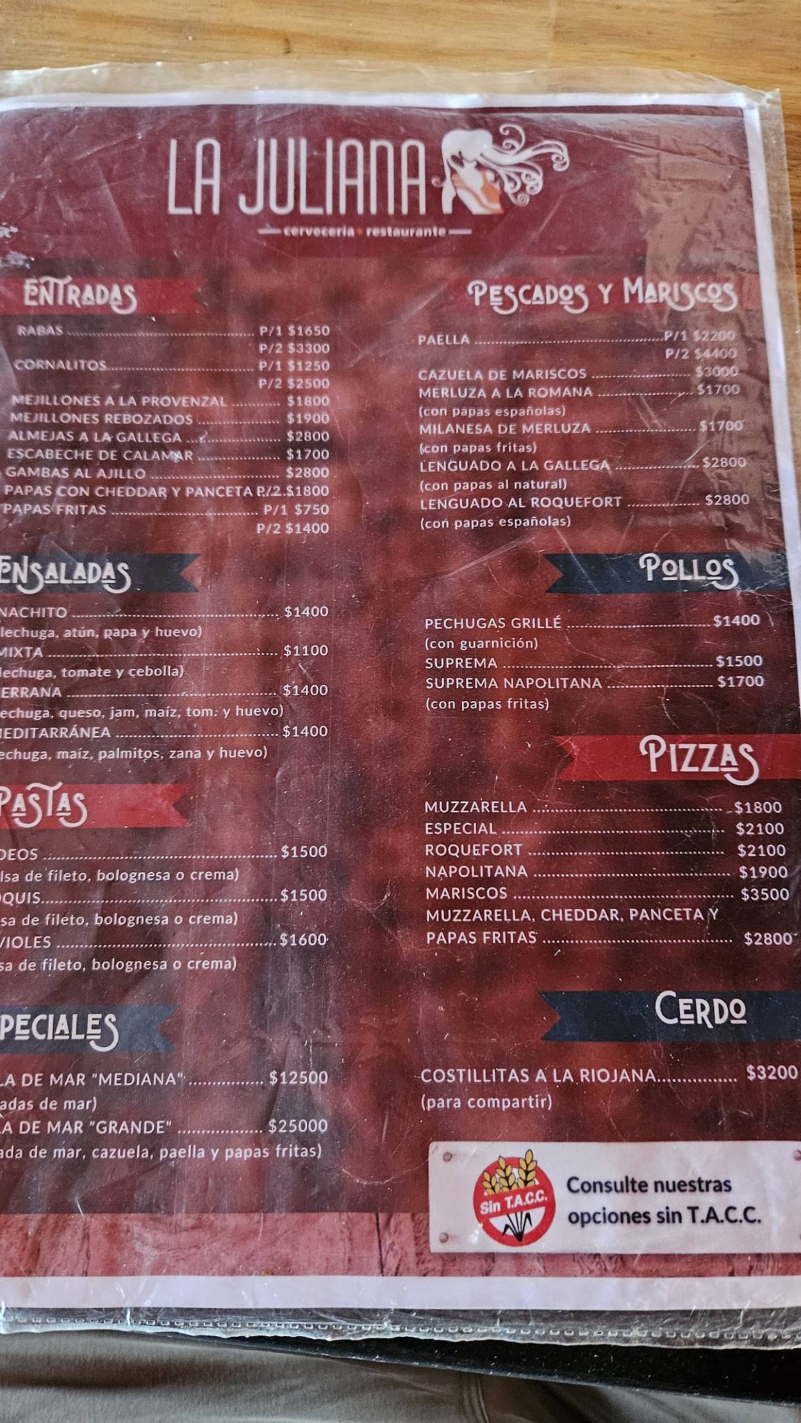 Carta de La Juliana restaurant, Santa Clara del Mar