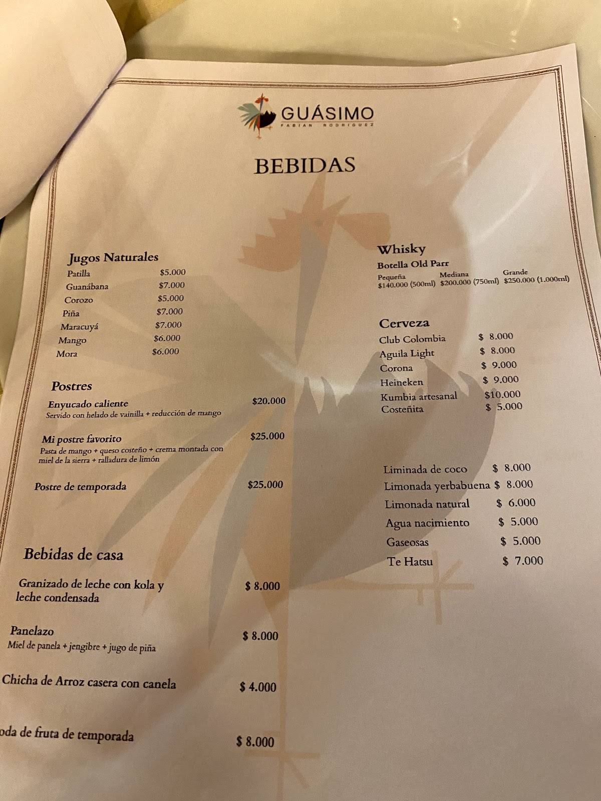 Menu at Guasimo restaurant, Santa Marta