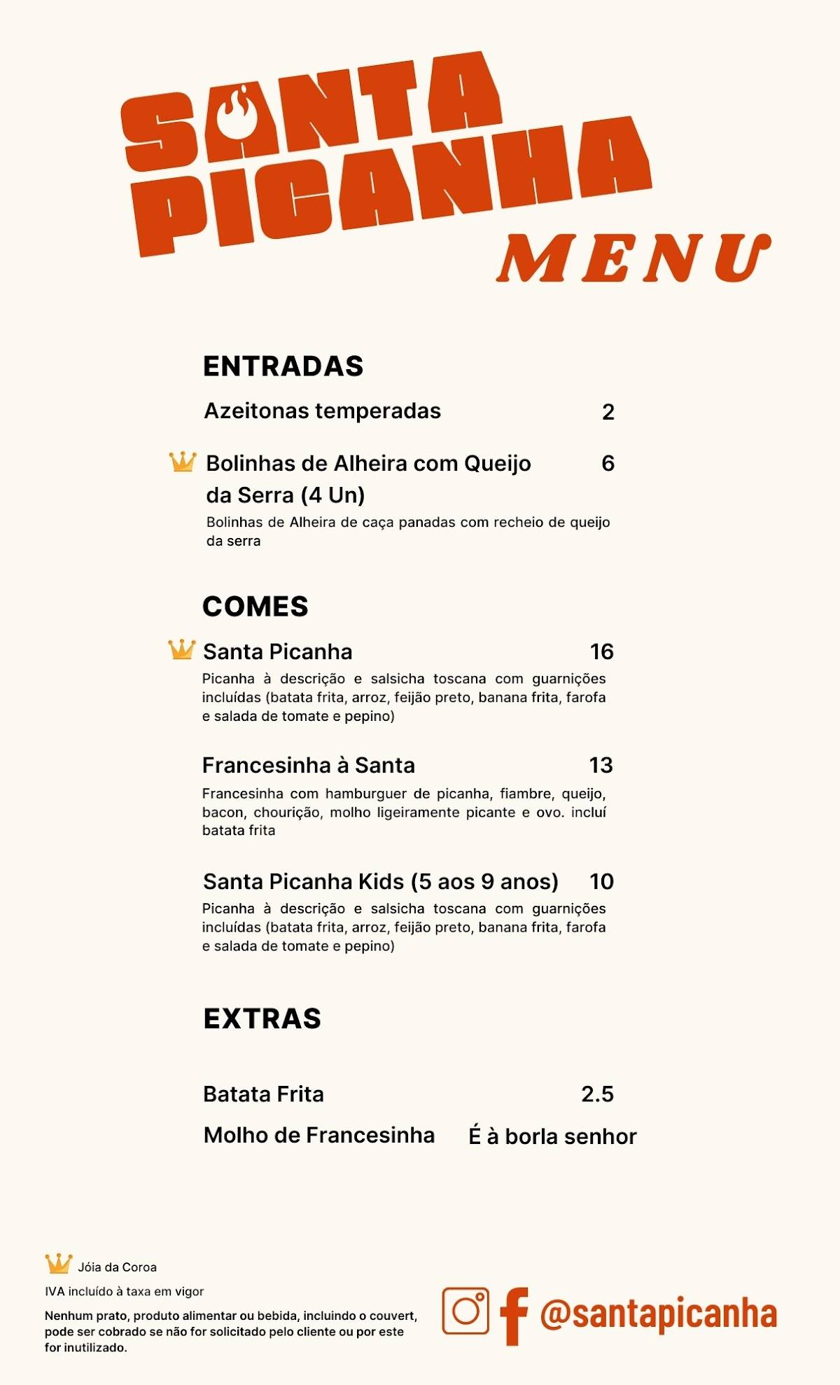 Menu at Santa Picanha restaurant, Torres Vedras