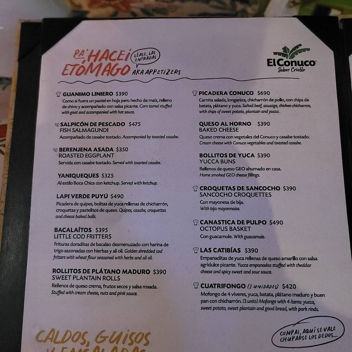 Carta del restaurante El Conuco, Santo Domingo