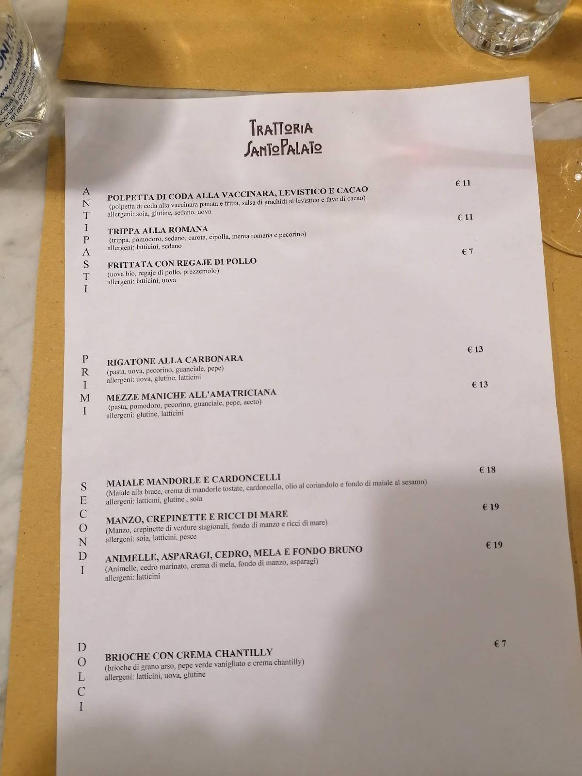 Menu da SantoPalato ristorante, Roma