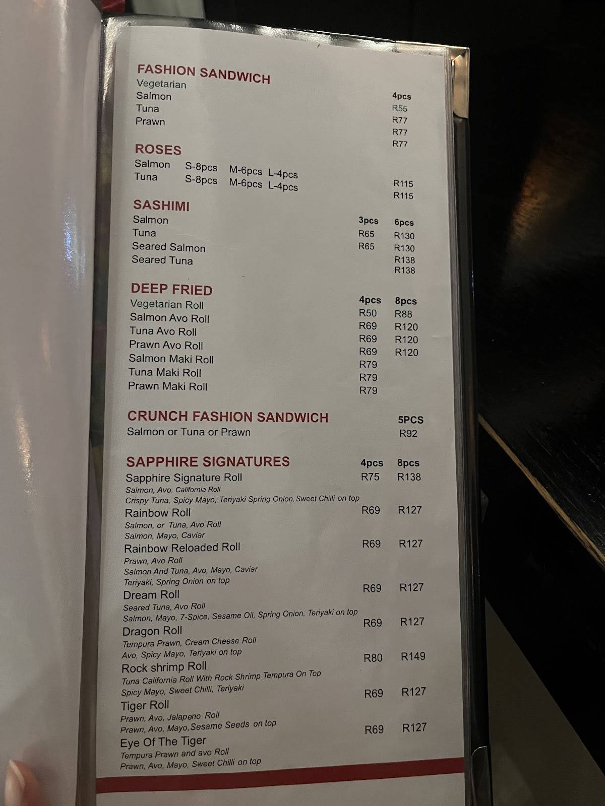 Speisekarte von Sapphire Sushi Restaurant, Kapstadt