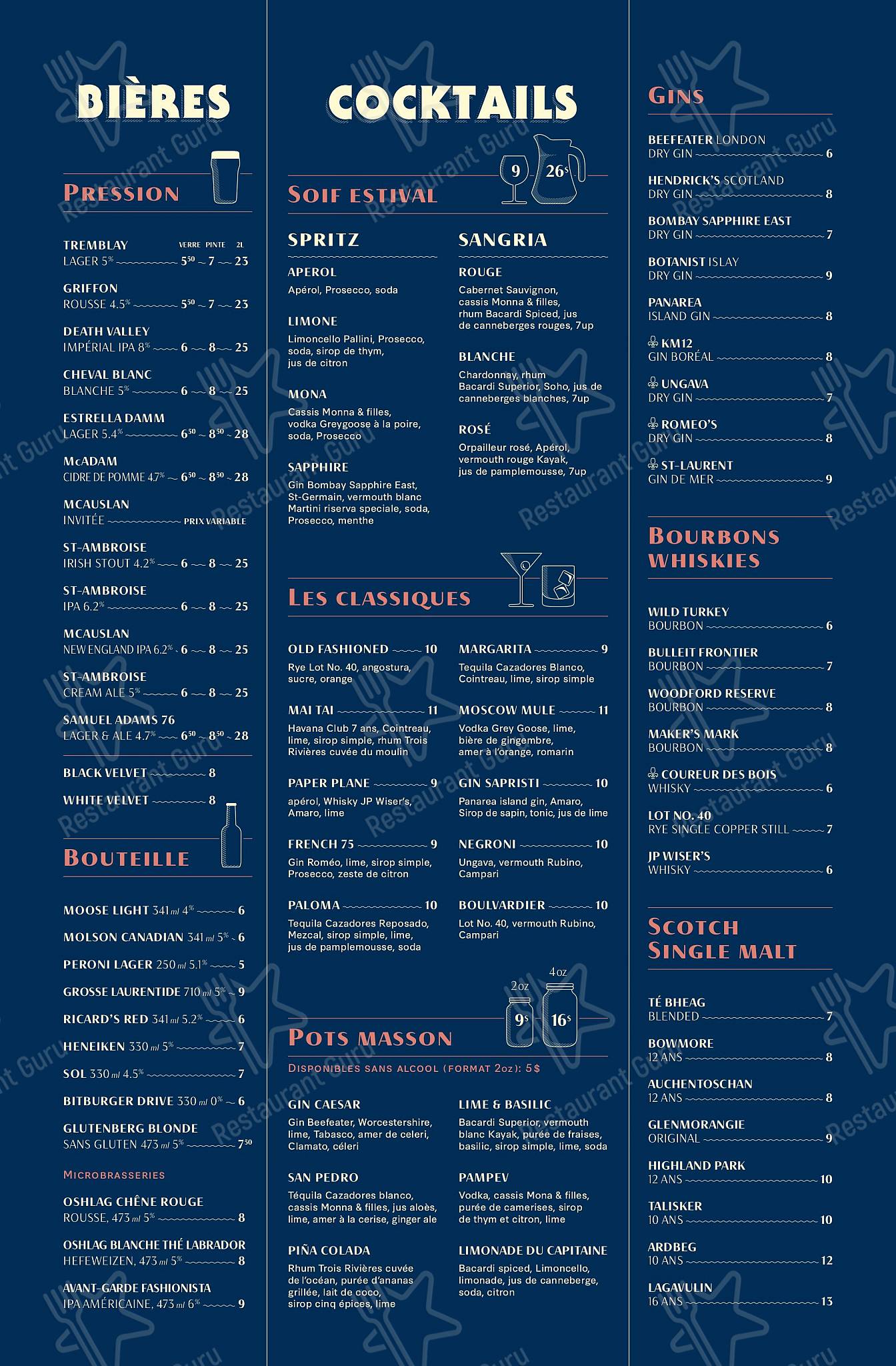 Menu au Sapristi St-Jean pub et bar, Québec, Rue Saint-Jean