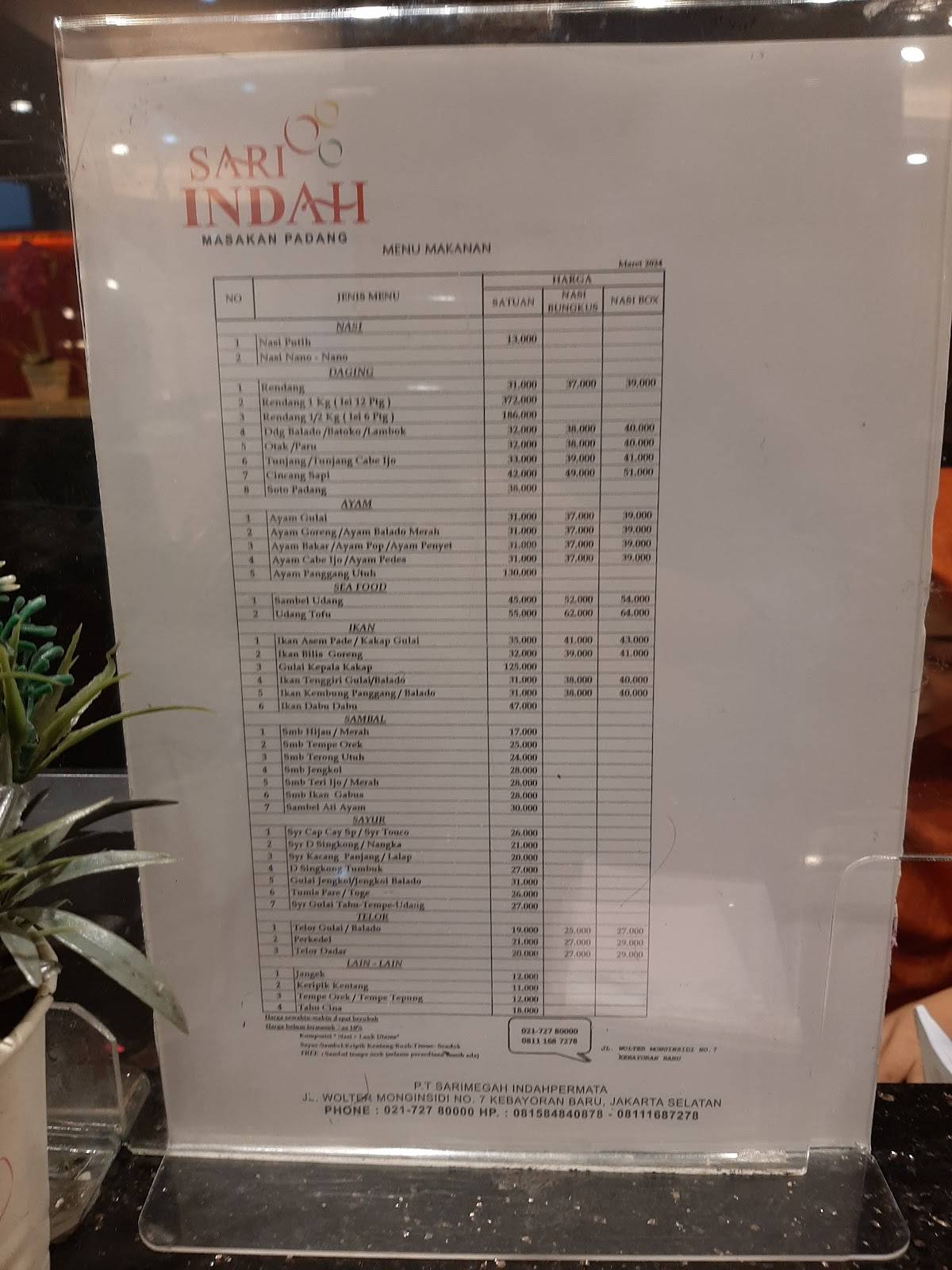 Menu at Sari Indah restaurant, South Jakarta, Jl. Wolter Monginsidi No.7 5